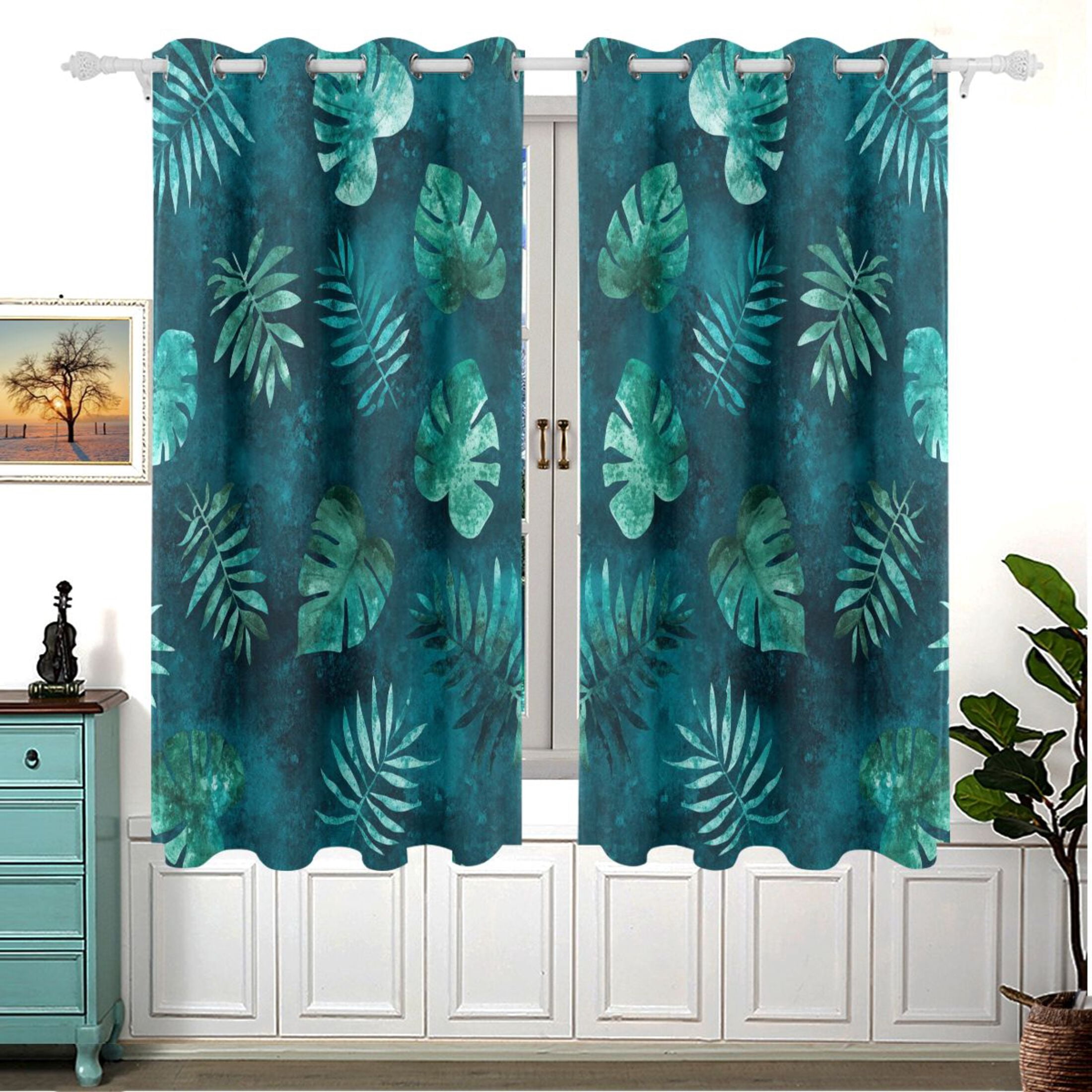 Teal Tropical Leaf Pattern 63x55in Window Curtain Panels 63x55in 2 ...