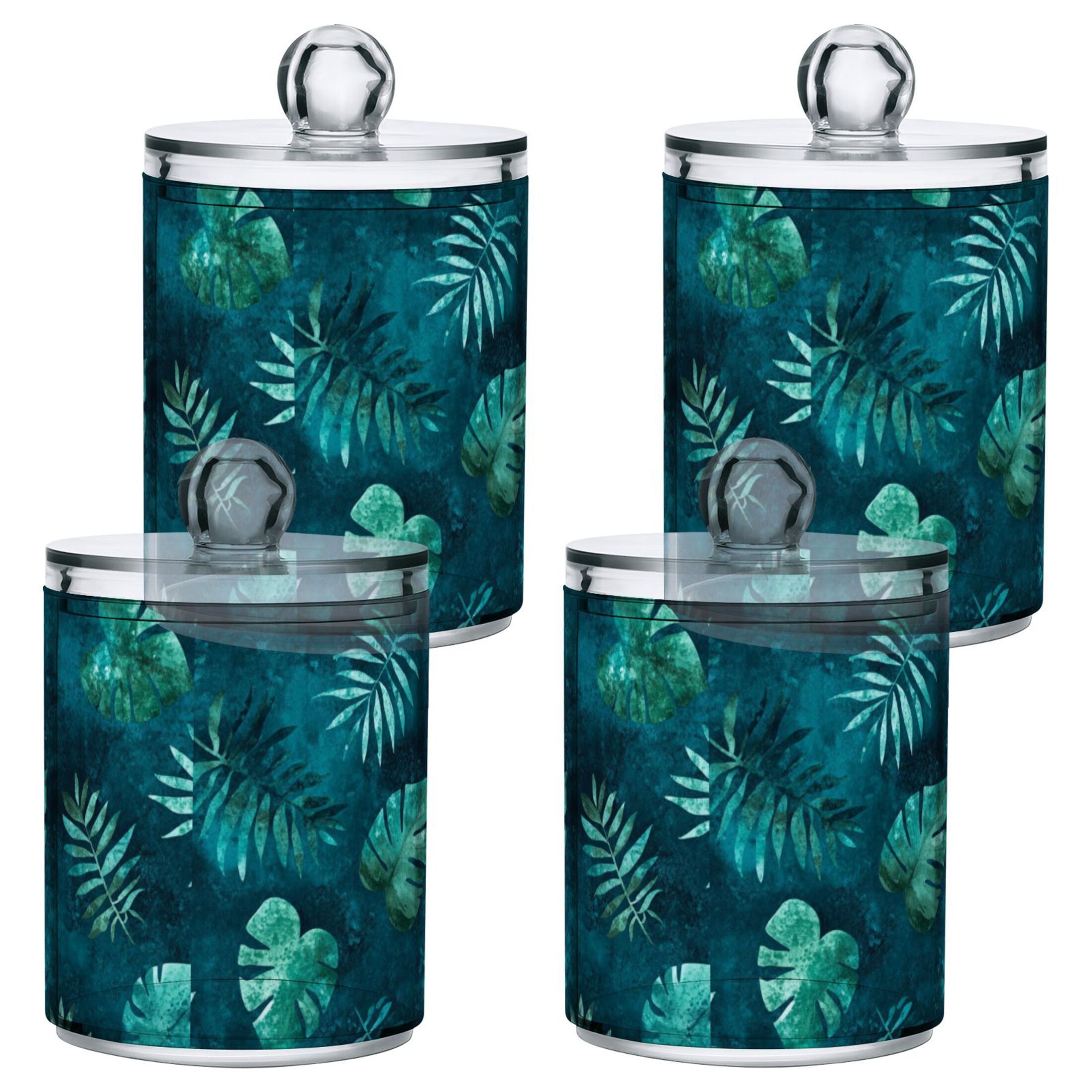 Teal Tropical Leaf Pattern Bathroom Canisters Set of 4 Translucent ...