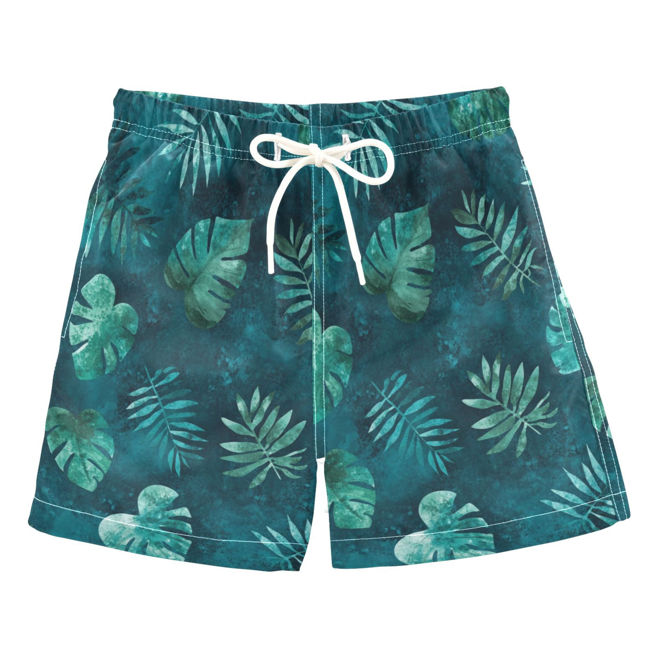 Teal Tropical Leaf Pattern Boys' Swim Trunks Beach Pool Shorts Quick ...