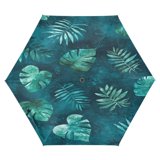 Teal Tropical Leaf Pattern Folding Umbrella UV50+ Waterproof Sun ...