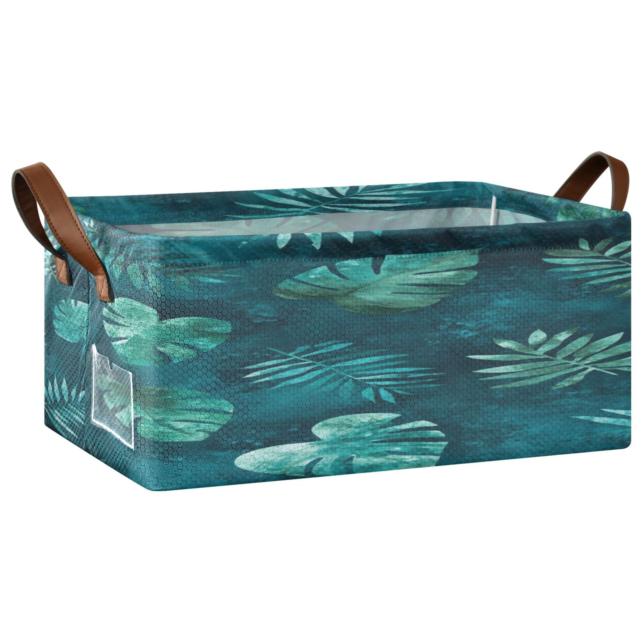 Teal Tropical Leaf Pattern Open Home Storage Bins Foldable Metal Frame ...