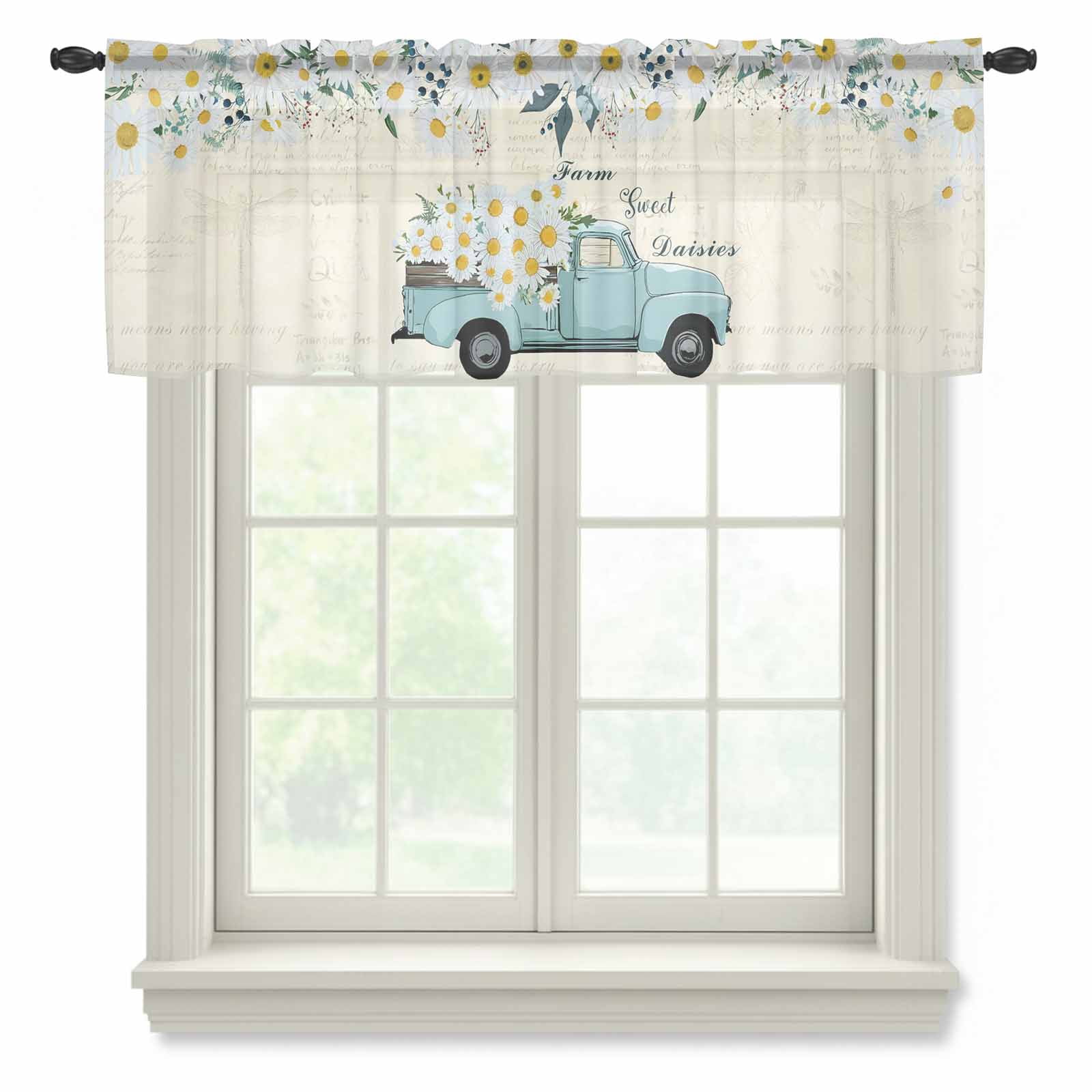 Teal Truck with Daisy Sheer Valances for Windows, Spring Flower Plant ...