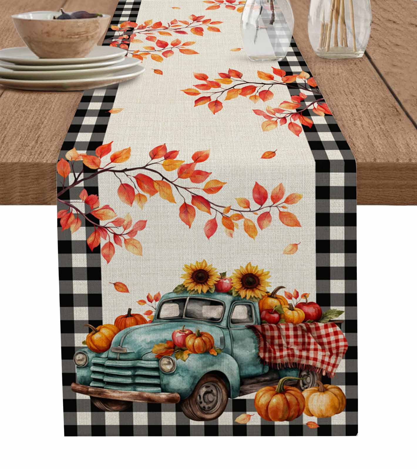 Teal Truck Fall Table Runner 72 Inches, Thanksgiving Pumpkins Maple ...
