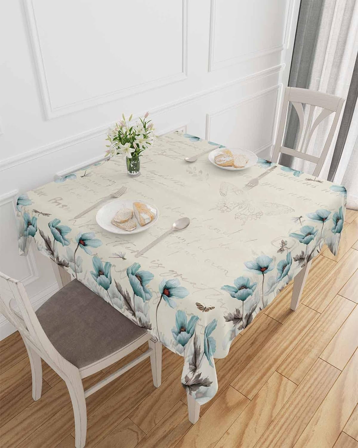 Teal Tulip Floral Tablecloth Waterproof for Round/Rectangle/Oval/Square ...