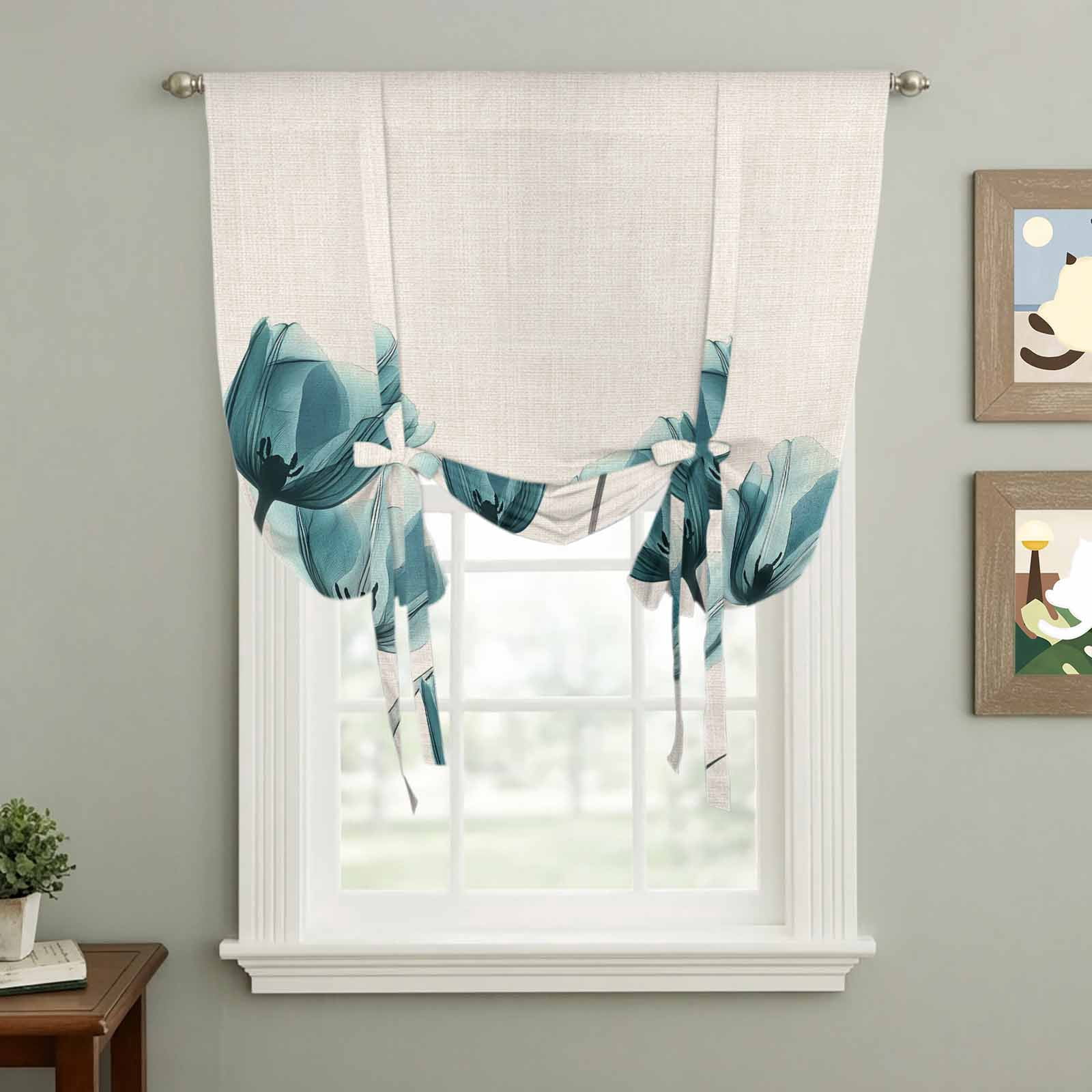 Teal Tulip Tie Up Curtain 45 Inches Long, Minimalist Modern Flower Art ...
