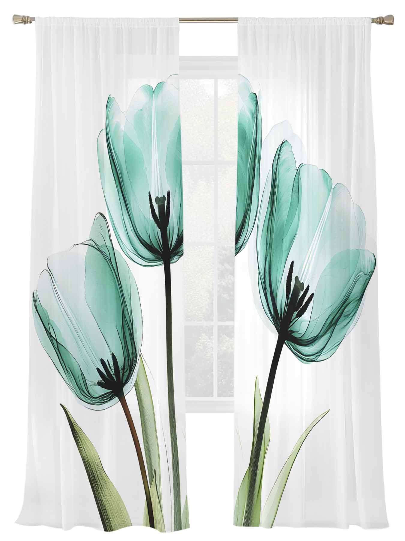 Teal Tulips Sheer Curtains 2 Panels Set Teal Floral Green Leaf Sheer ...
