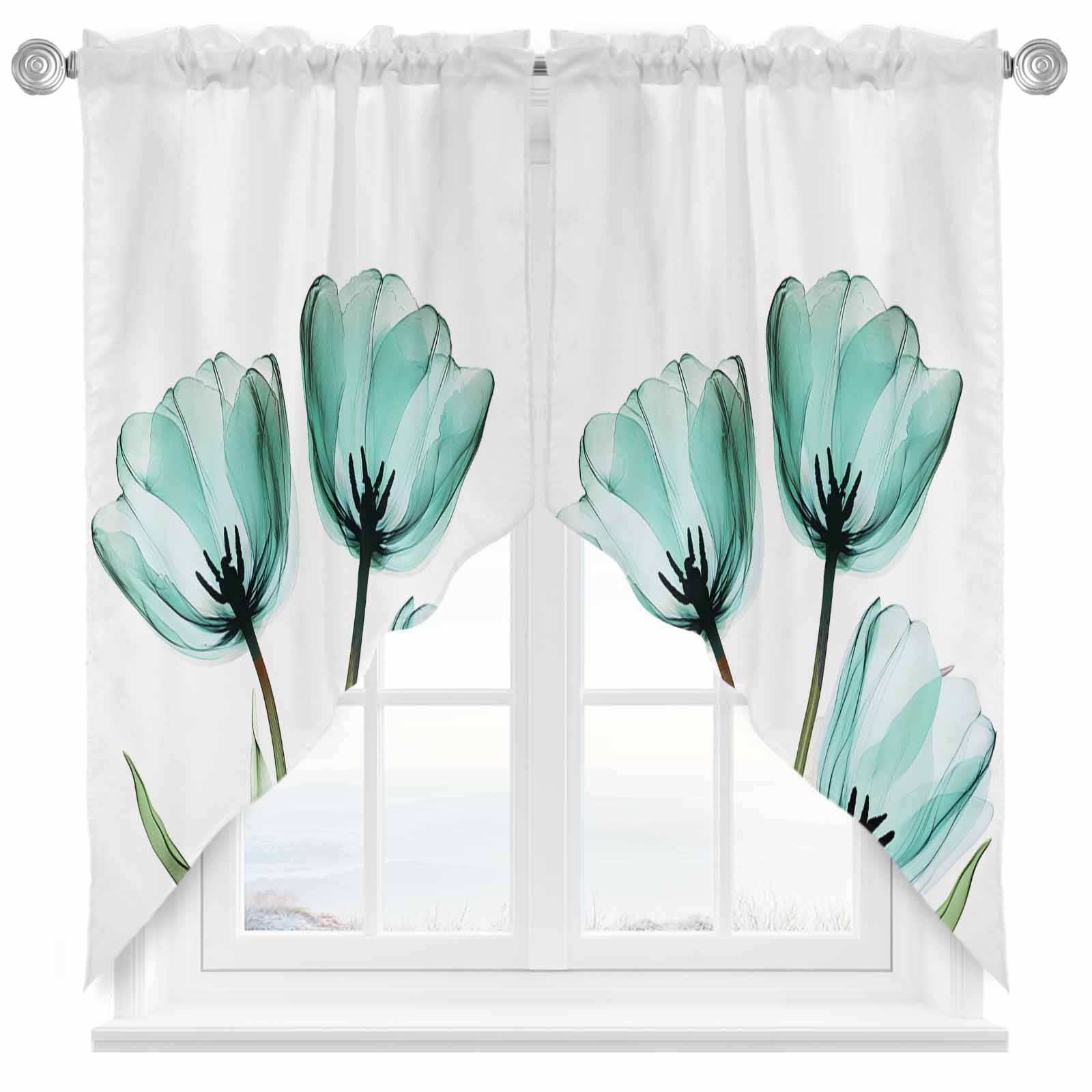 Teal Tulips Swag Curtain Valance for Windows, Floral Green Leaf Window ...