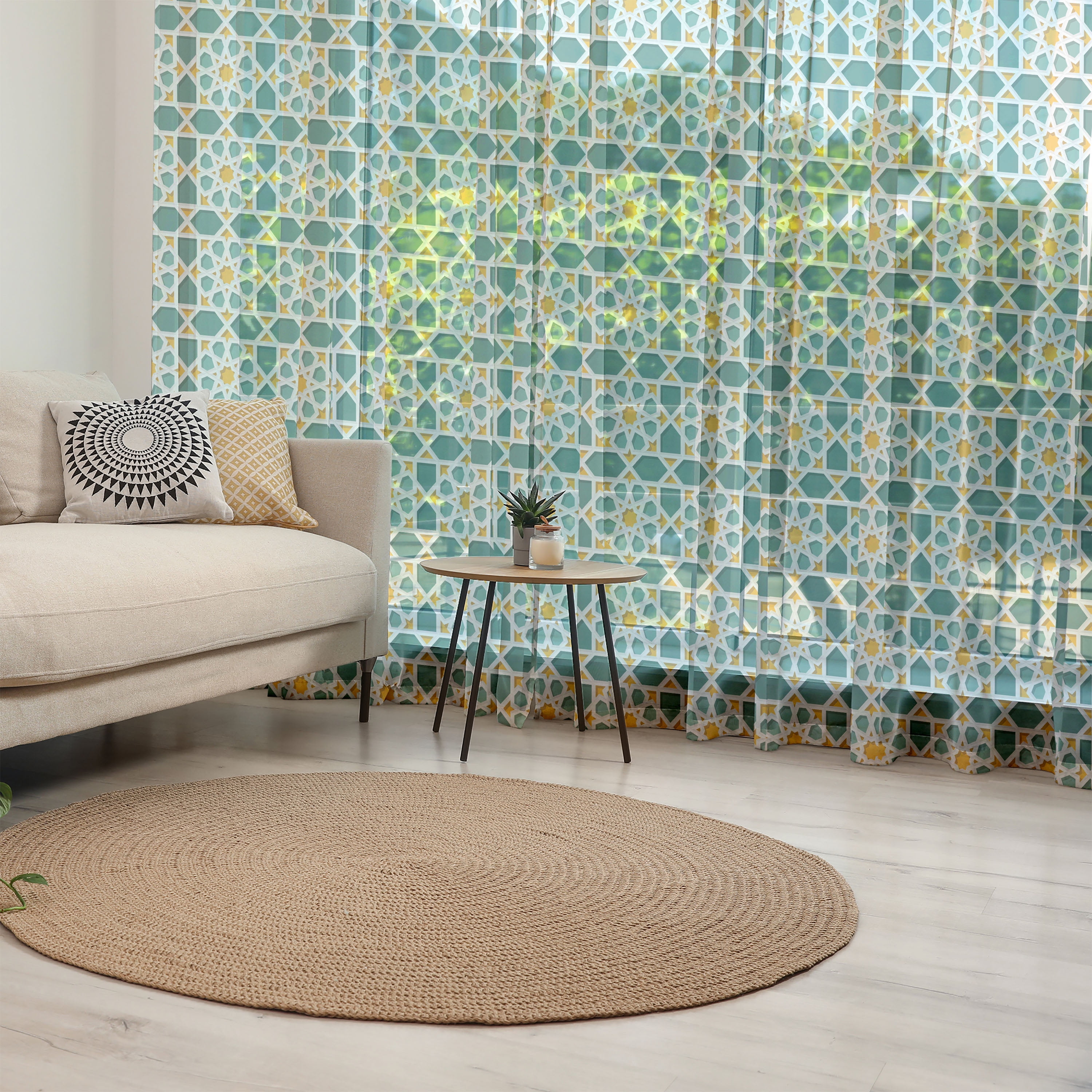 Teal Tulle Curtains with Rod Pocket, Moroccan Interlacing Star Pattern ...