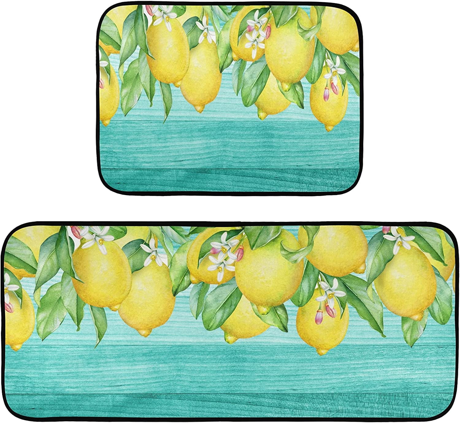 Teal Turquoise Green Kitchen Mats Lemon Flowers Floral Kitchen Rugs ...