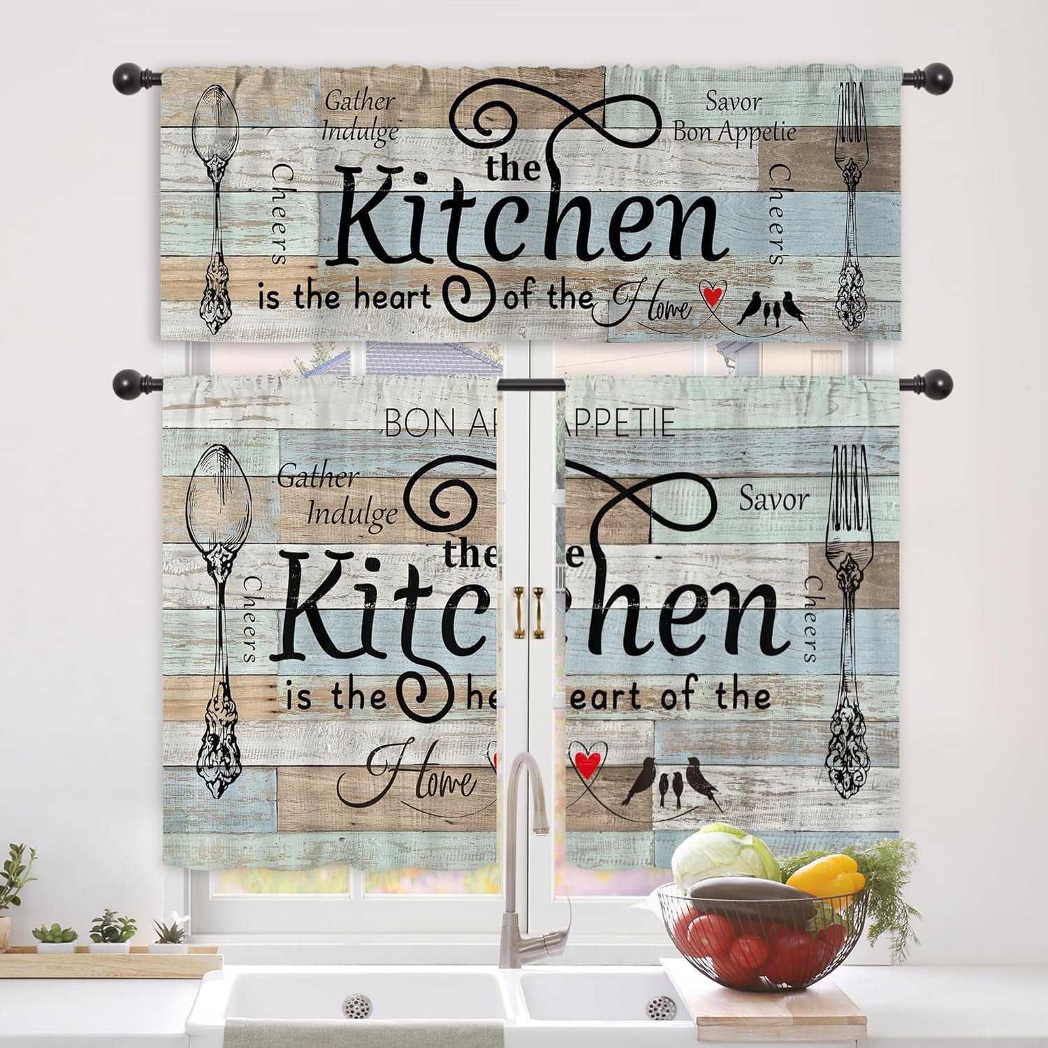 Teal Turquoise Kitchen Curtains and Valances 3 Piece Set Rod Pocket 36 ...