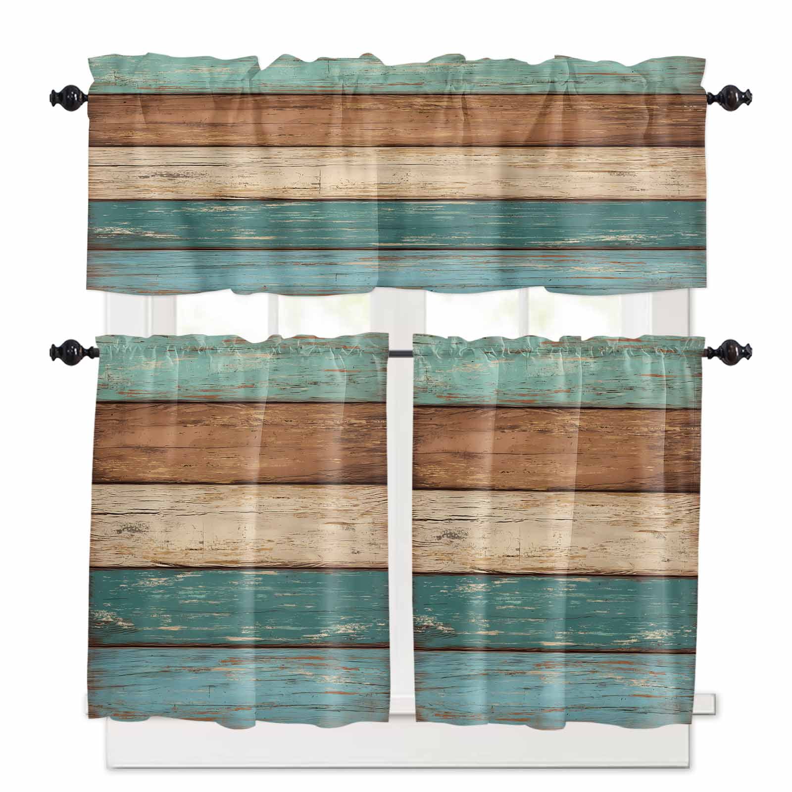Teal Turquoise Kitchen Curtains and Valances Set, 3 Piece Kitchen ...