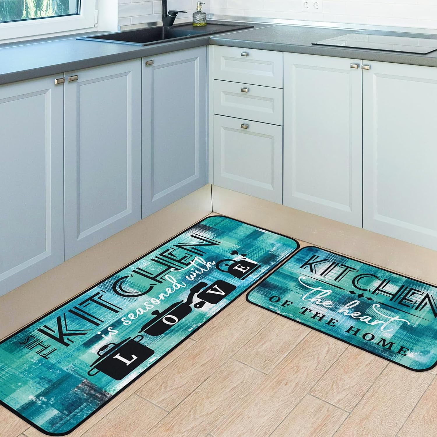 Teal Turquoise Kitchen Mats Set, Runner Area Rug Floor Mat, 17x30 and ...