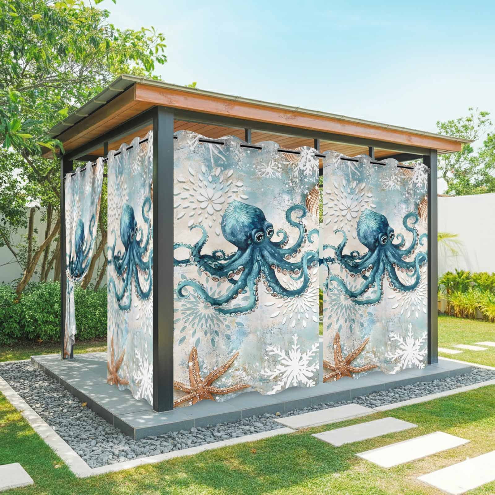 Teal Turquoise Octopus Outdoor Curtains for Patio Waterproof, Summer ...