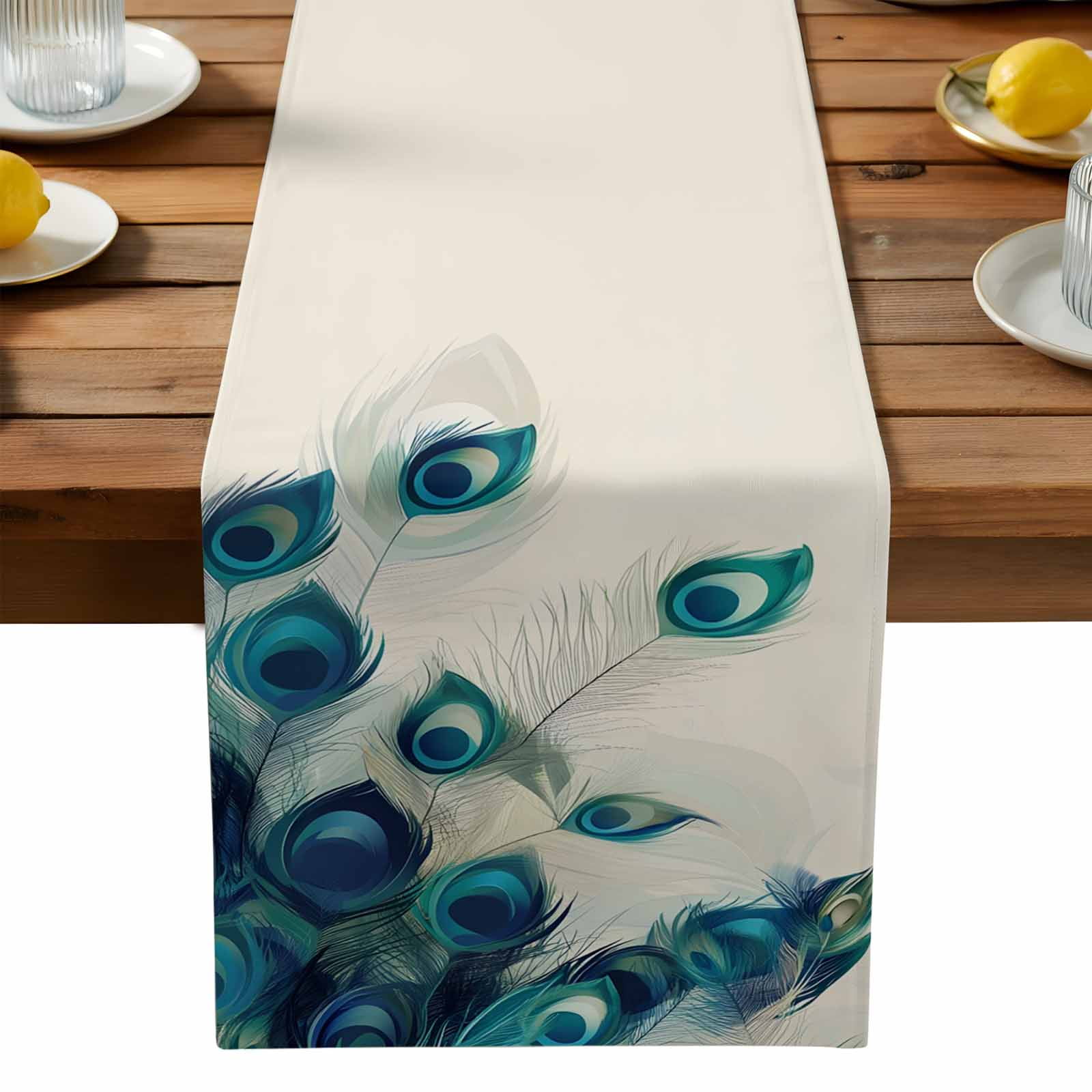 Teal Turquoise Peacock Print Table Runner, Cream Color Cotton Linen ...
