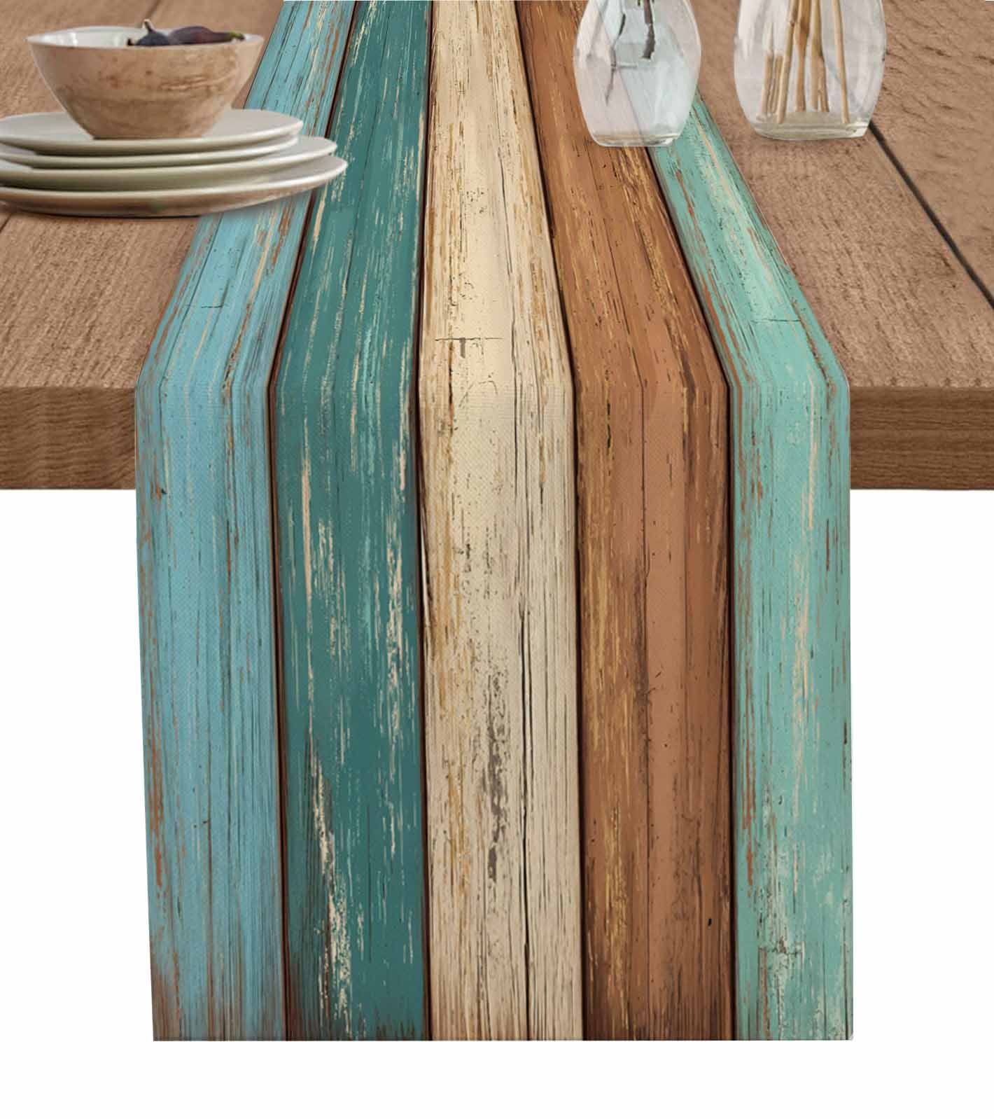 Teal Turquoise Table Runner 90 Inches, Retro Farmhouse Wood Grain Brown ...
