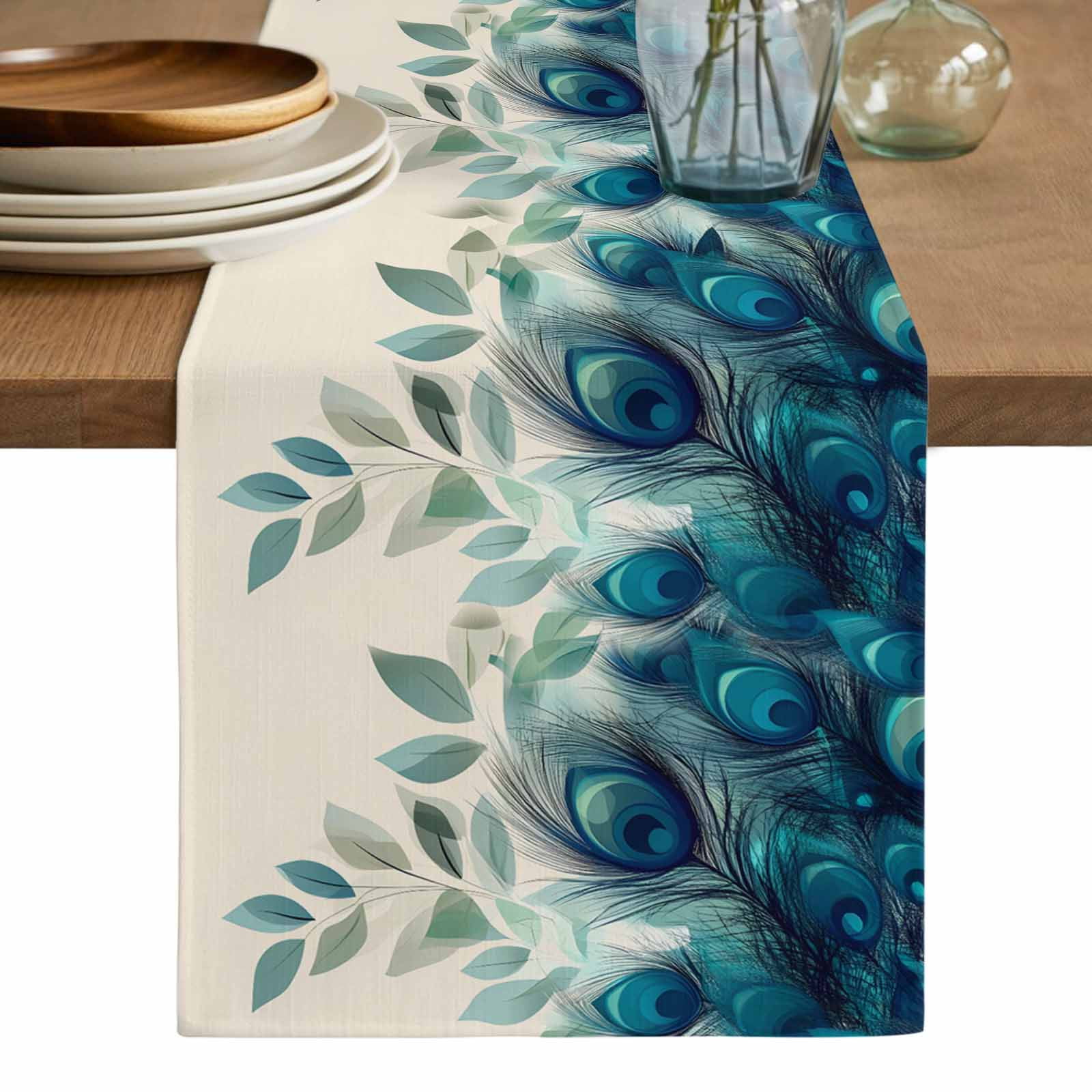 Teal Turquoise Table Runner, Peacock Feathers Aesthetics Eucalyptus ...