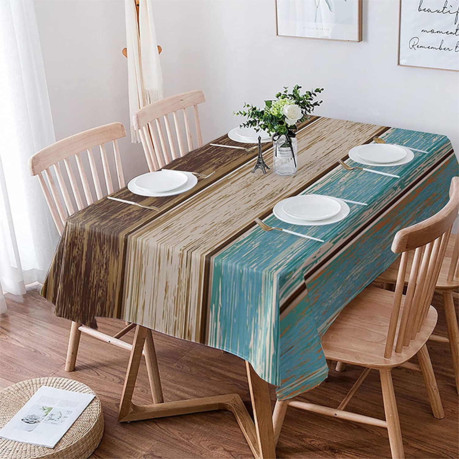Teal Turquoise Tablecloth Waterproof Oil-proof Tablecloths, Retro Wood ...
