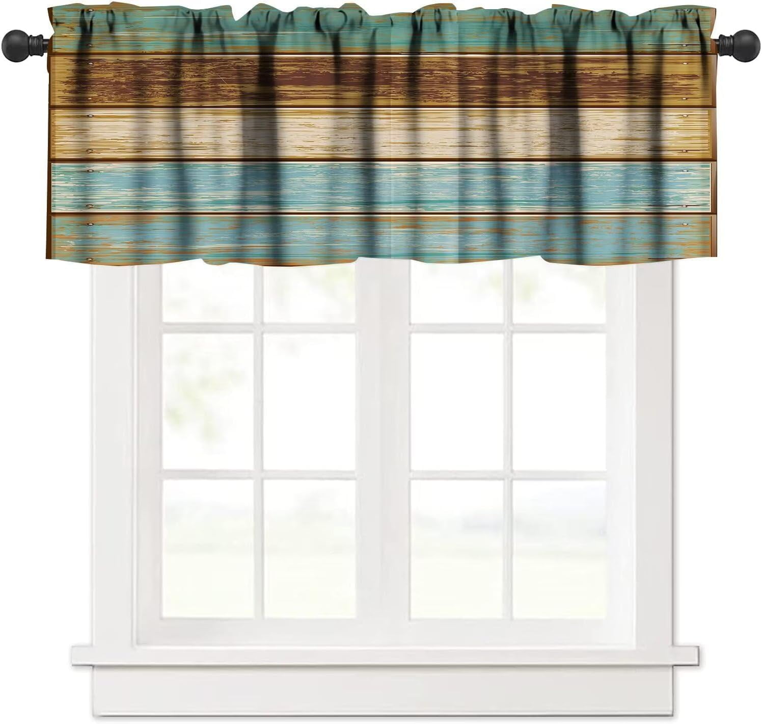 Teal Turquoise Valance Curtain Rustic Wood Board Green Brown Rod Pocket ...