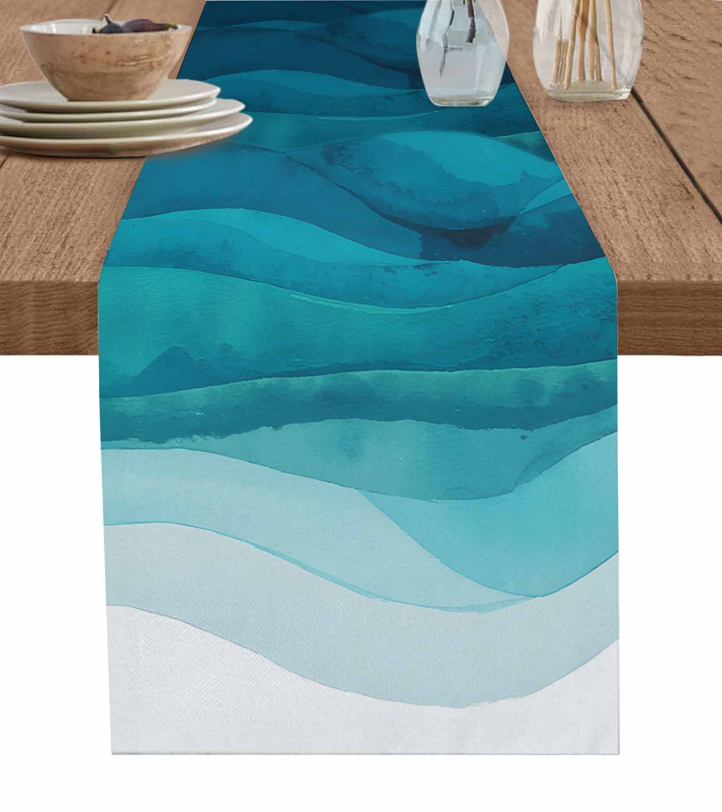 Teal Turquoise Waves Burlap Cotton Table Runner 13x36 Inches Short ...