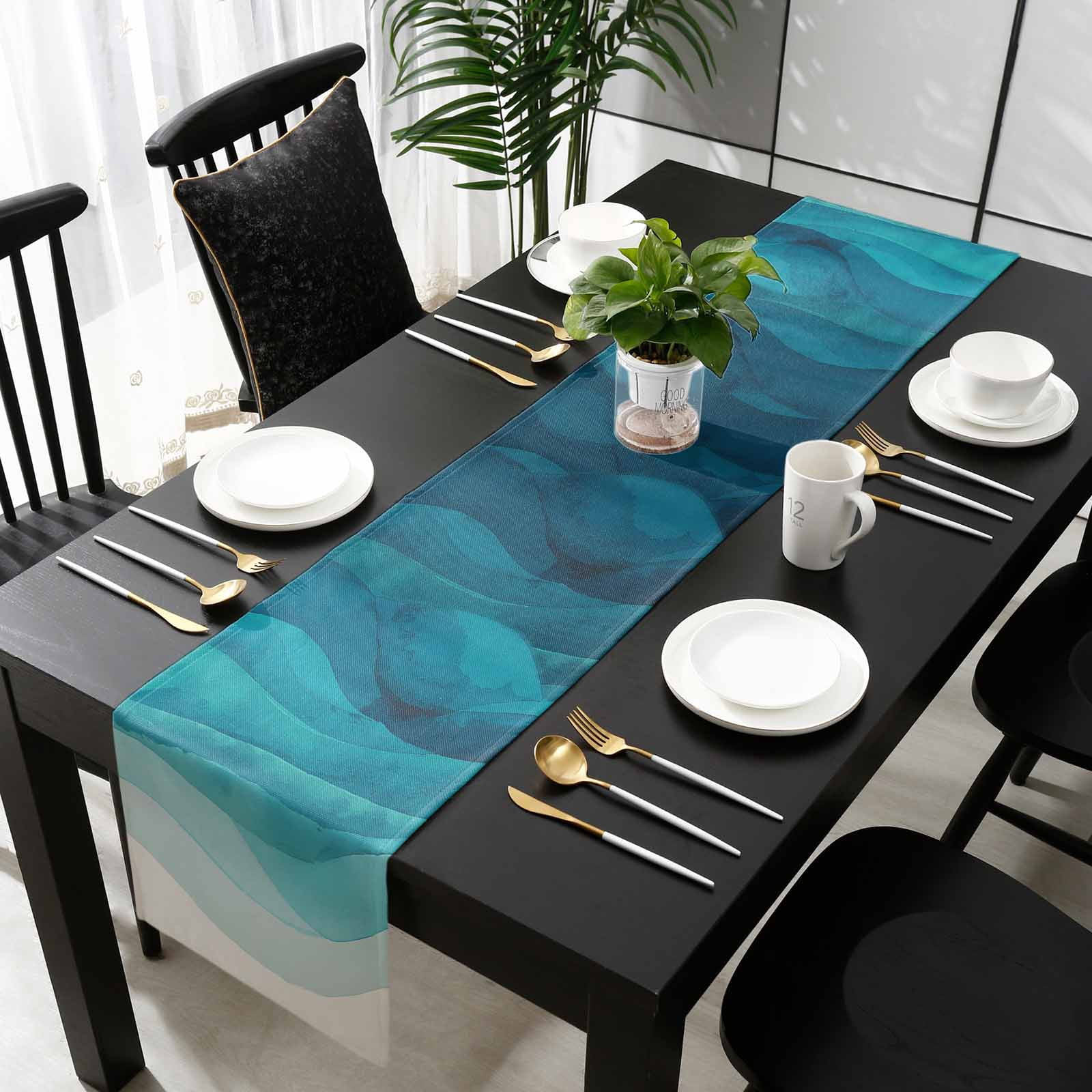 Teal Turquoise Waves Cotton Linen Long Table Runner 13 x 108 inch Ombre ...