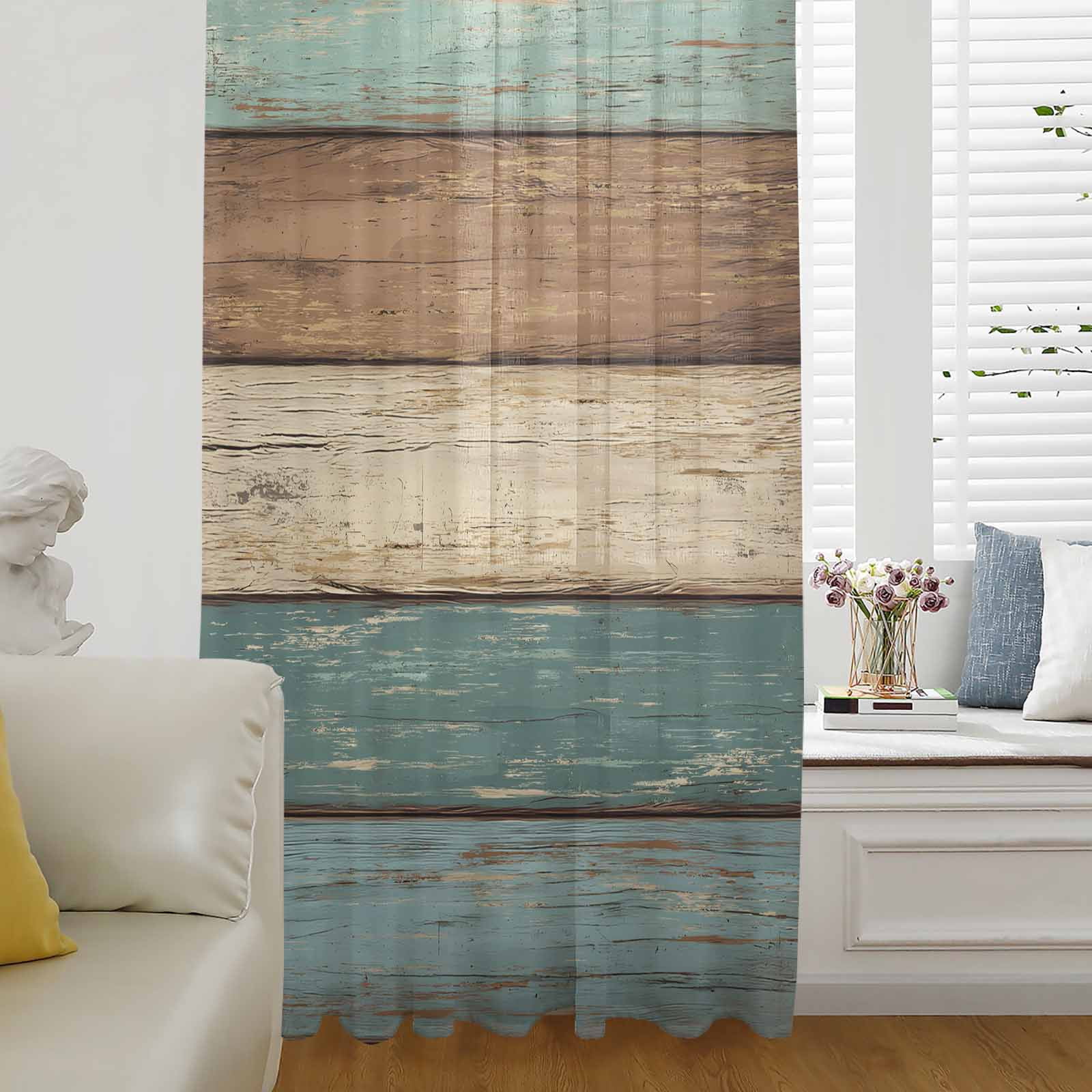 Teal Turquoise Window Curtain 84 Inches Long,Retro Farmhouse Wood Grain ...
