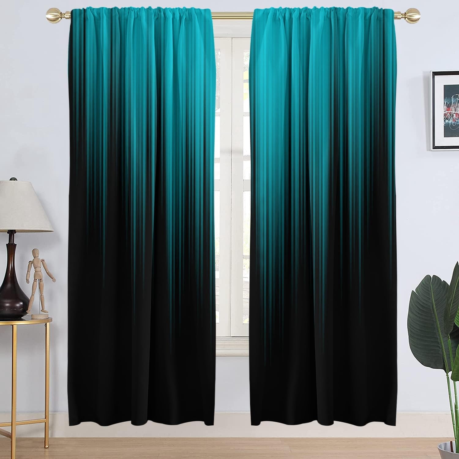 Teal Turquoise Window Curtain Aqua Black Dark Abstract Modern Ombre ...