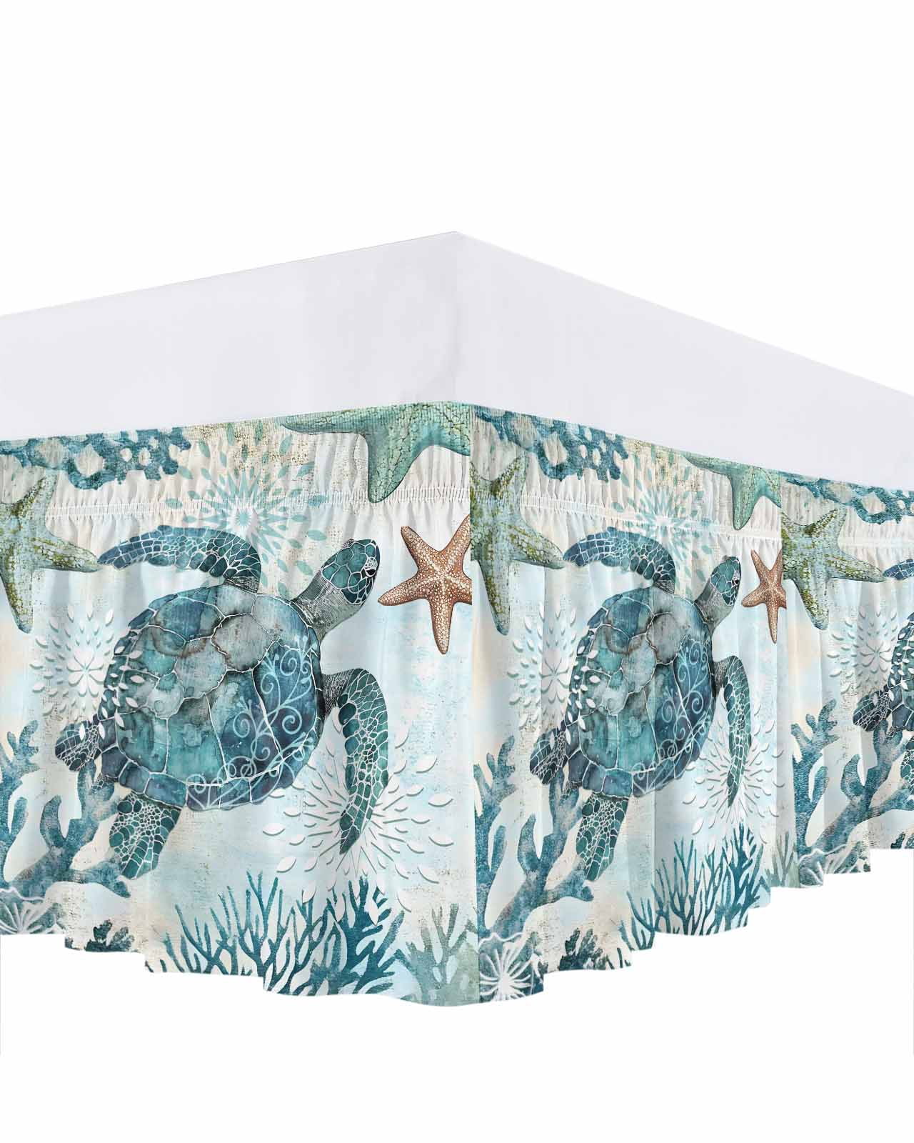 Teal Turtle Coastal Bed Skirt Cal King Size, Summer Beach Starfish ...