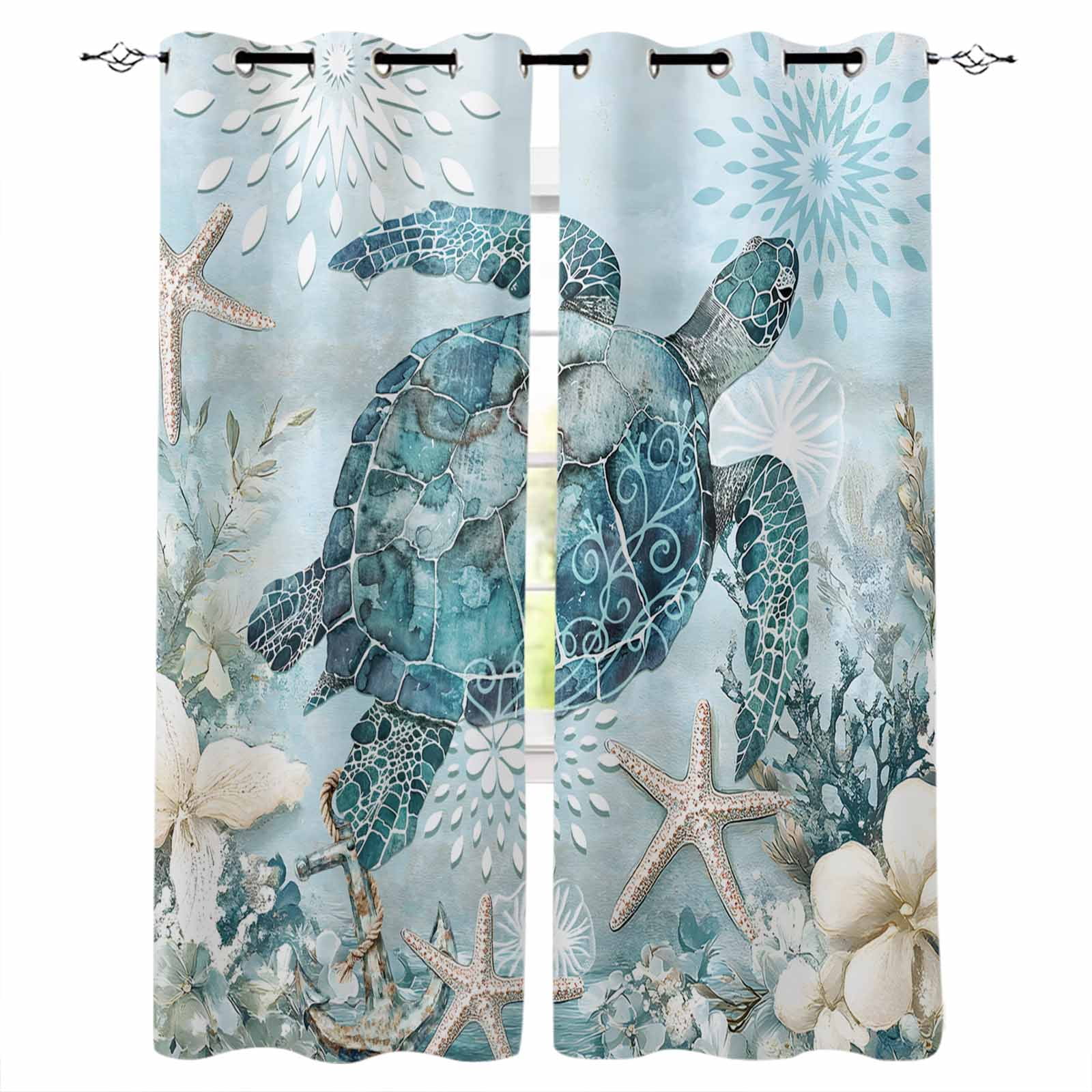 Teal Turtle Coastal Blackout Curtains 54 Inches Long, Summer Beach ...