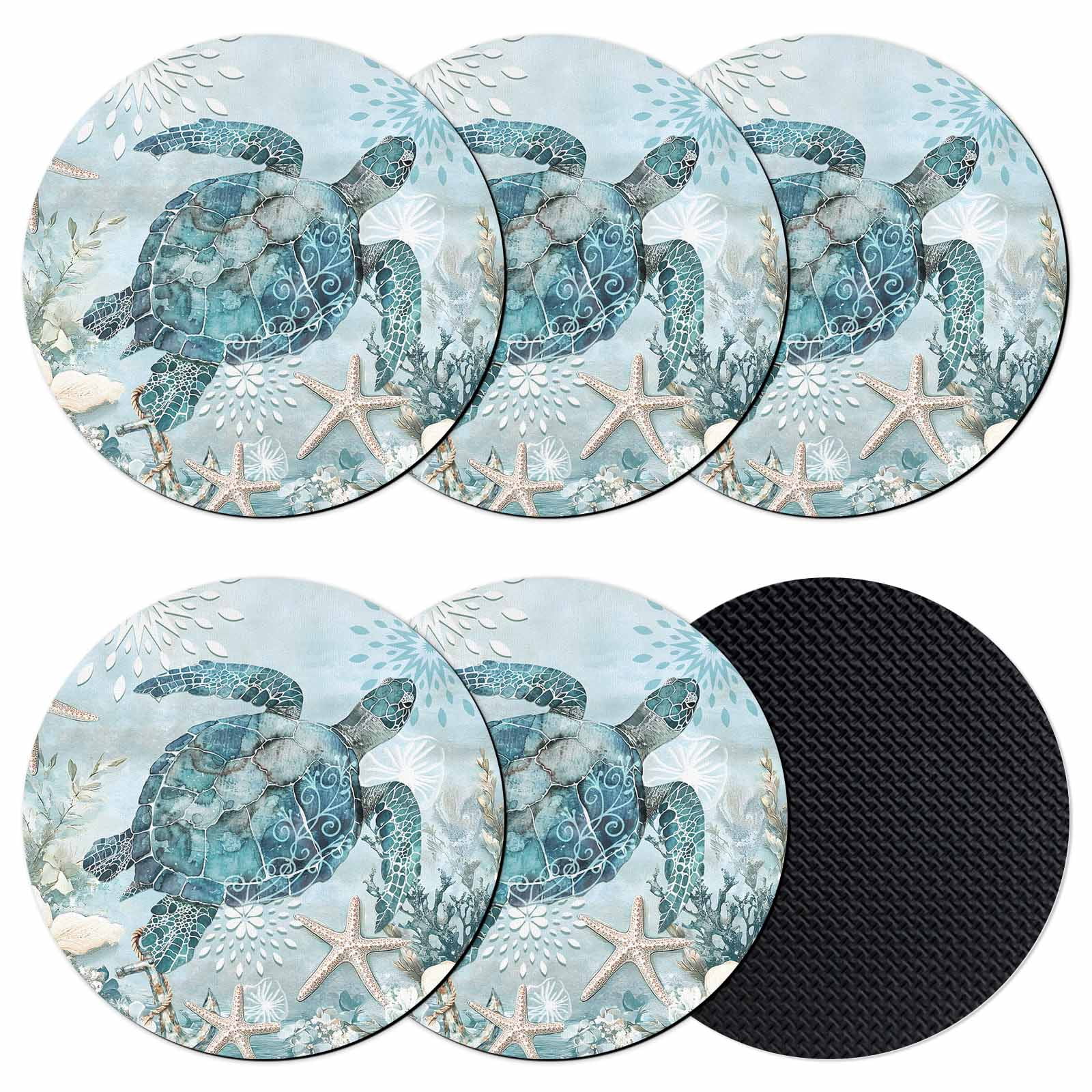 Teal Turtle Coastal Coasters Set of 6, Summer Beach Nautical Starfish ...