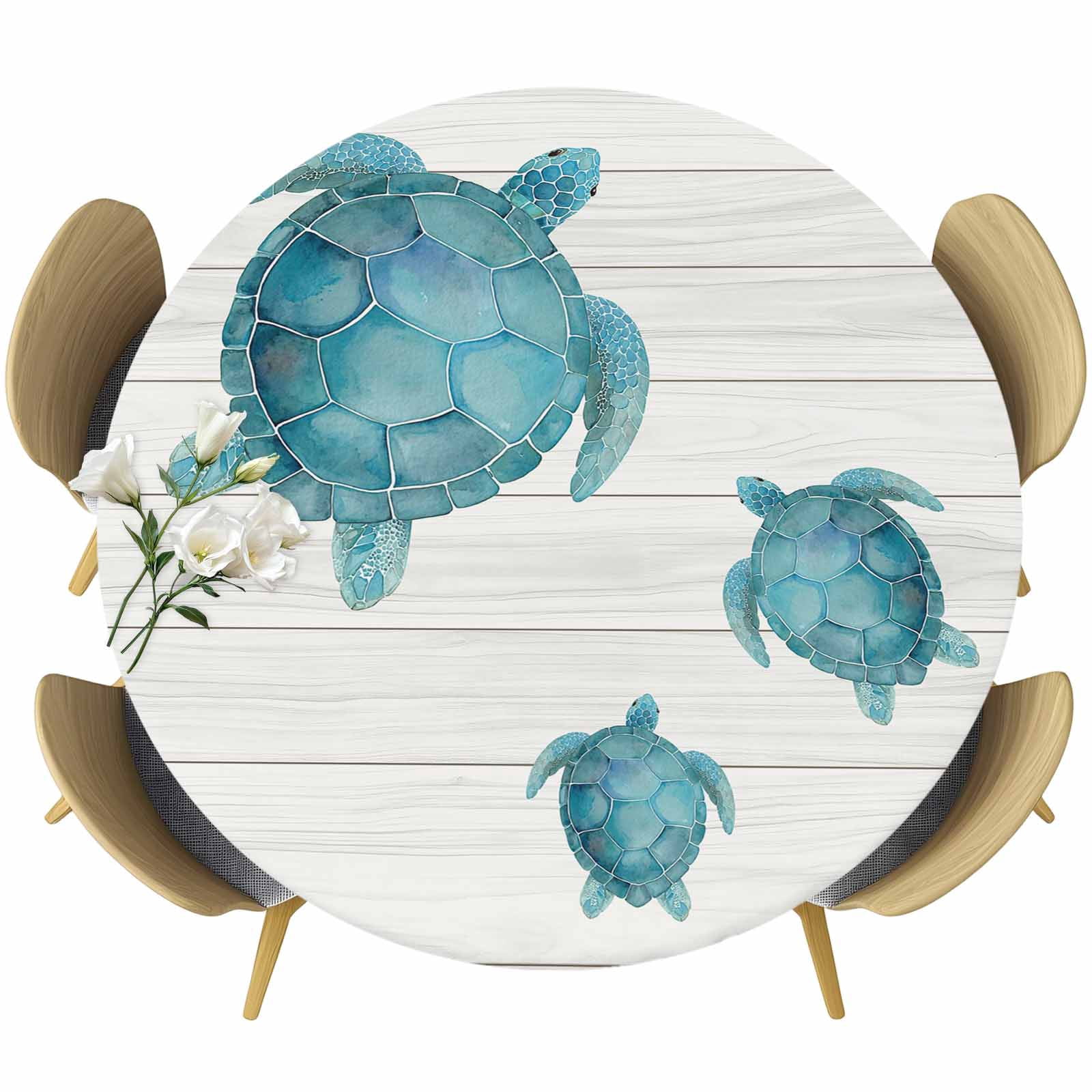 Teal Turtle Coastal Round Tablecloth, Fitted Table Cover with Elastic ...