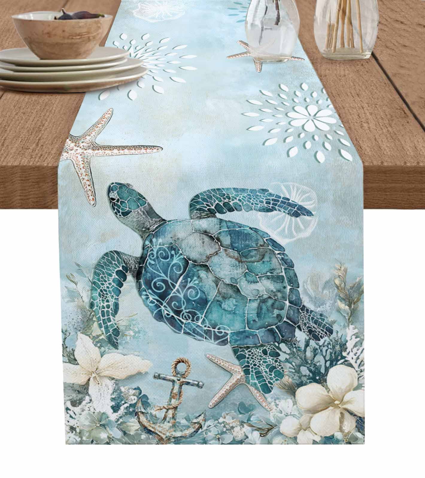 Teal Turtle Coastal Table Runner Summer Beach Nautical Starfish ...