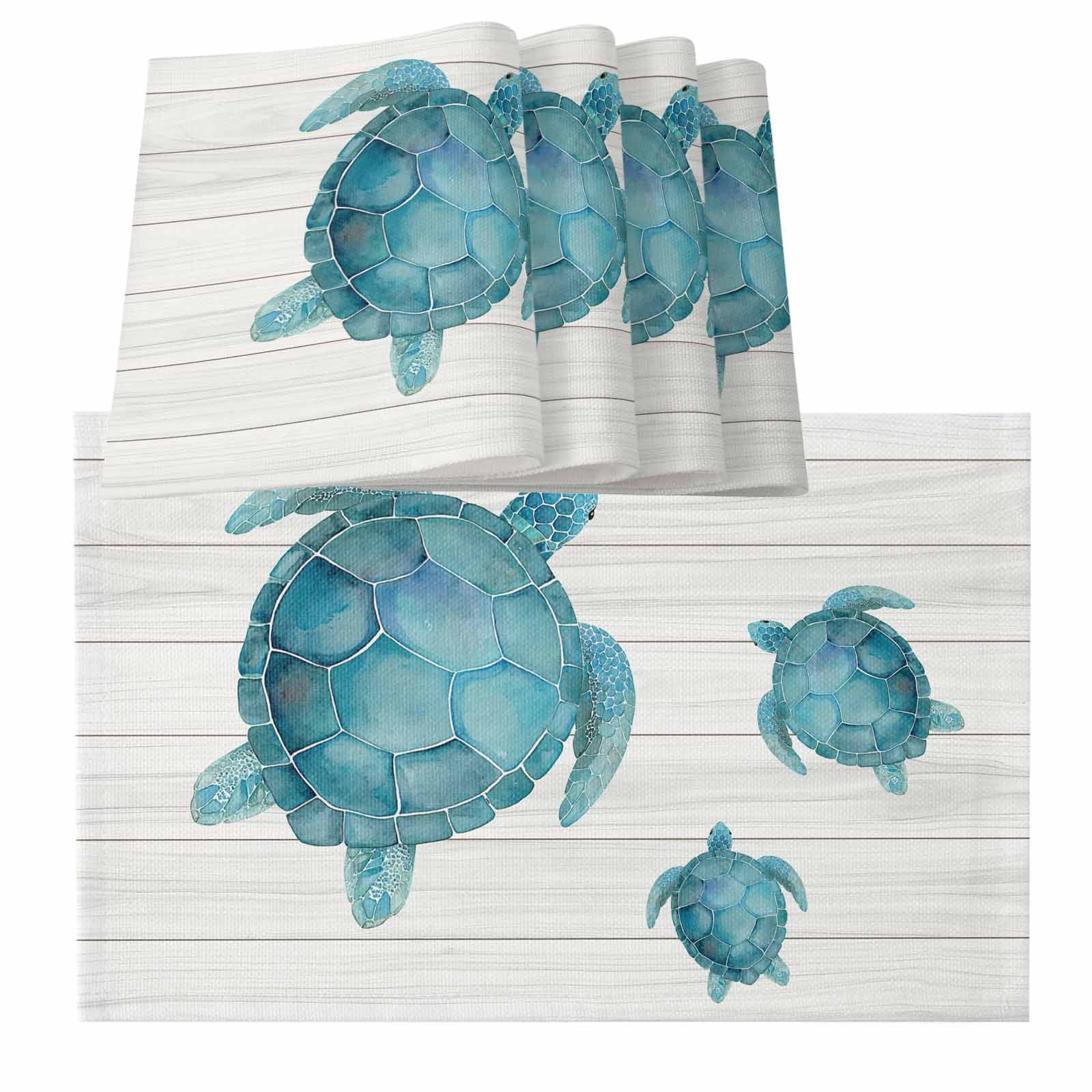 Teal Turtle Coastal Vintage Nautical Ocean Sea Burlap Kitchen Place ...