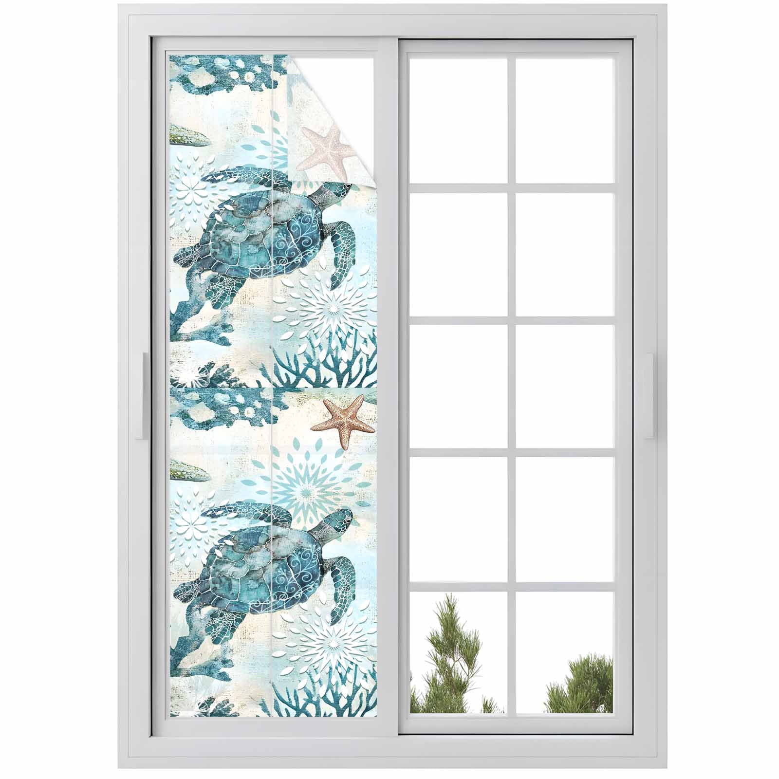 Teal Turtle Coastal Window Privacy Film, Summer Beach Starfish Nautical ...