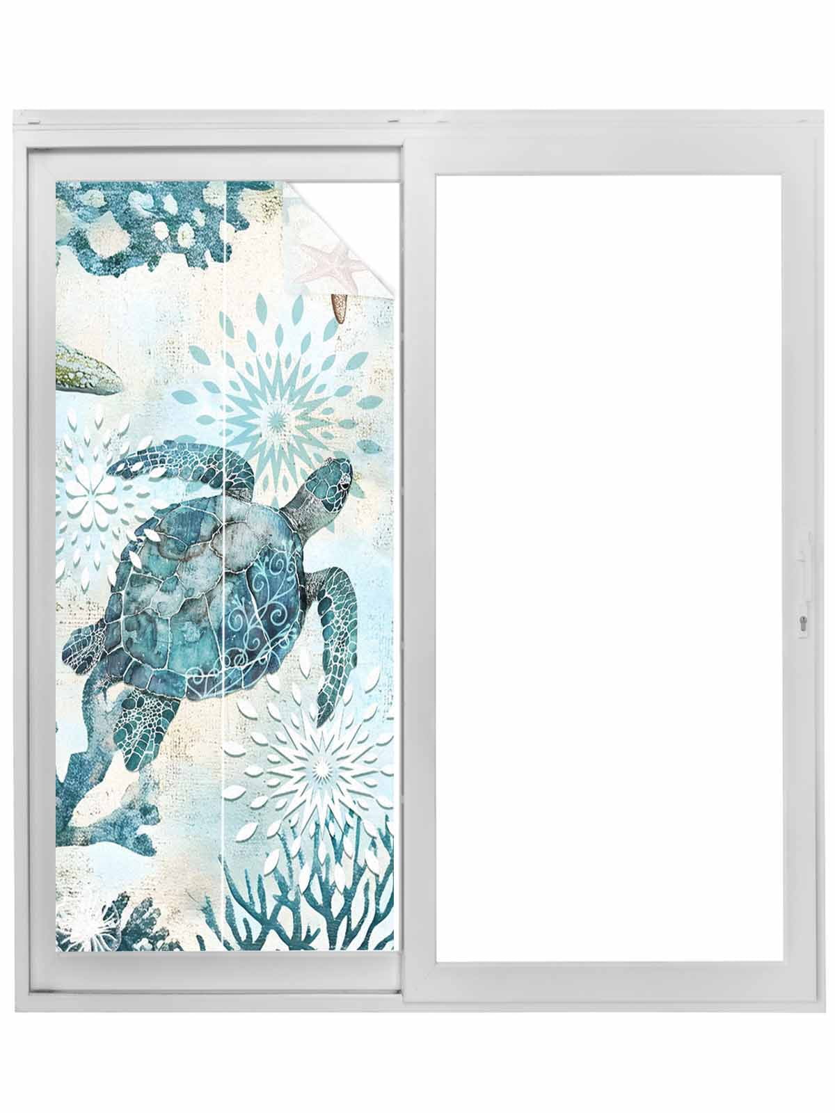 Teal Turtle Coastal Window Privacy Film, Summer Beach Starfish Nautical ...