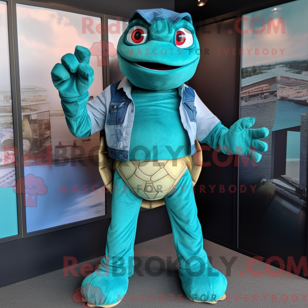 Teal Turtle REDBROKOLY mascot costume character dressed with a Flare ...