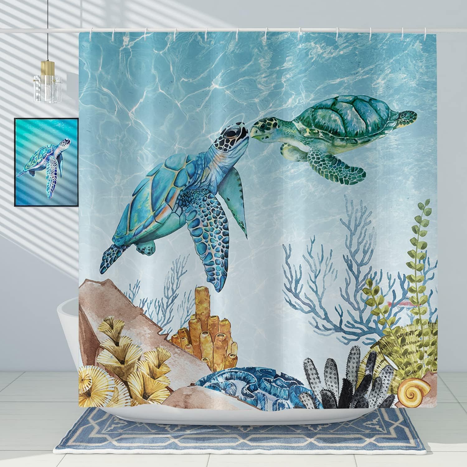 Teal Turtle Shower Curtain, Ocean Themed Submarine Landscape Underwater ...