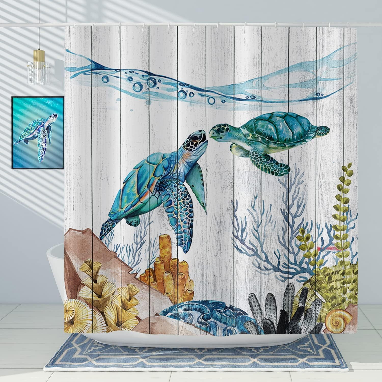 Teal Turtle Shower Curtain, Ocean Themed Underwater Coral Aquatic ...