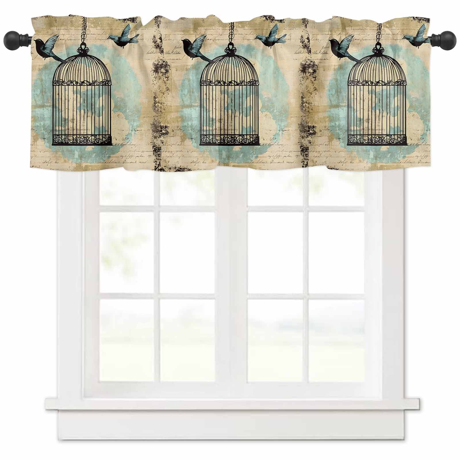 Teal Vintage Birds Valances for Windows Farmhouse Kitchen Curtains ...
