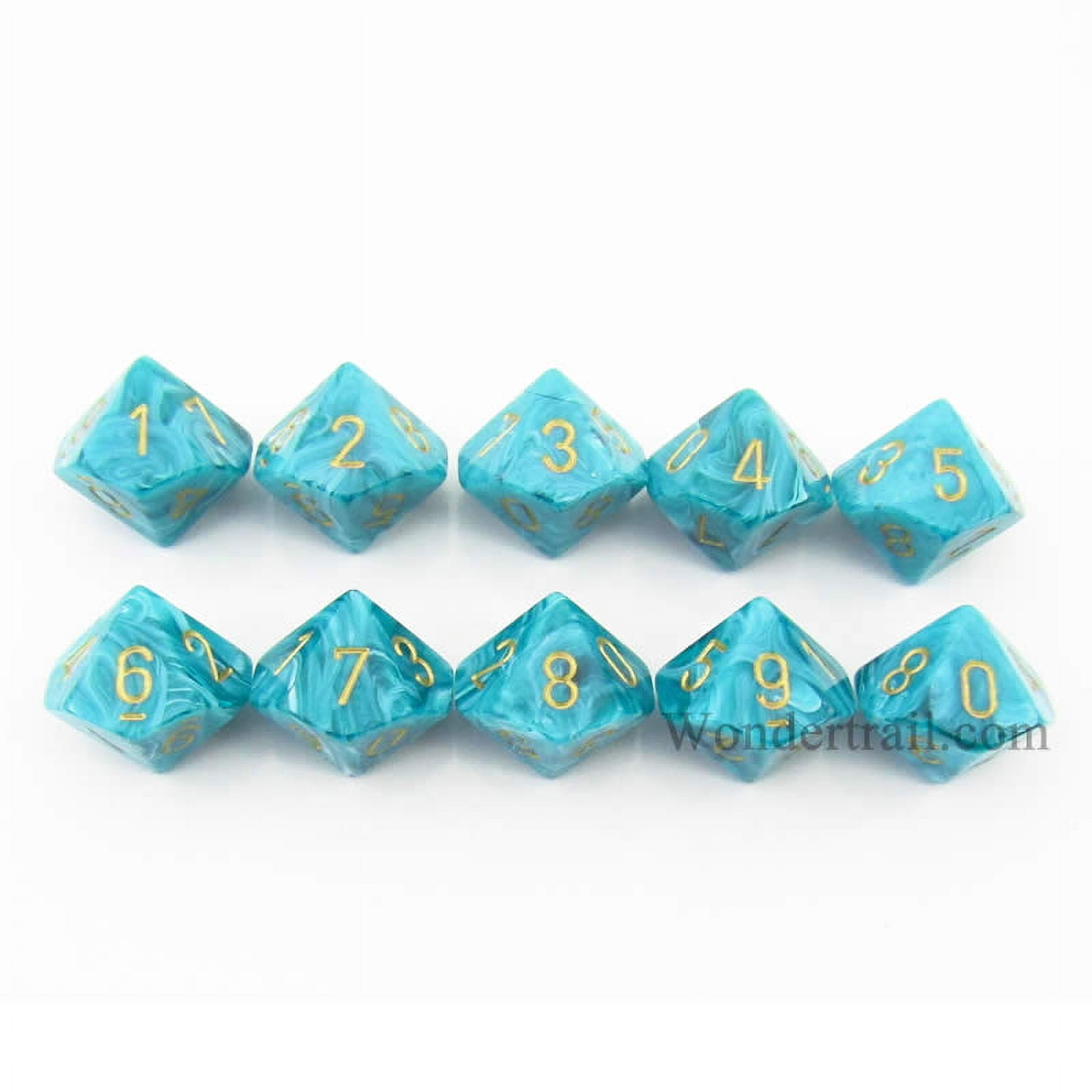 Teal Vortex Dice with Gold Numbers D10 16mm (5/8in) Pack of 10 Dice ...