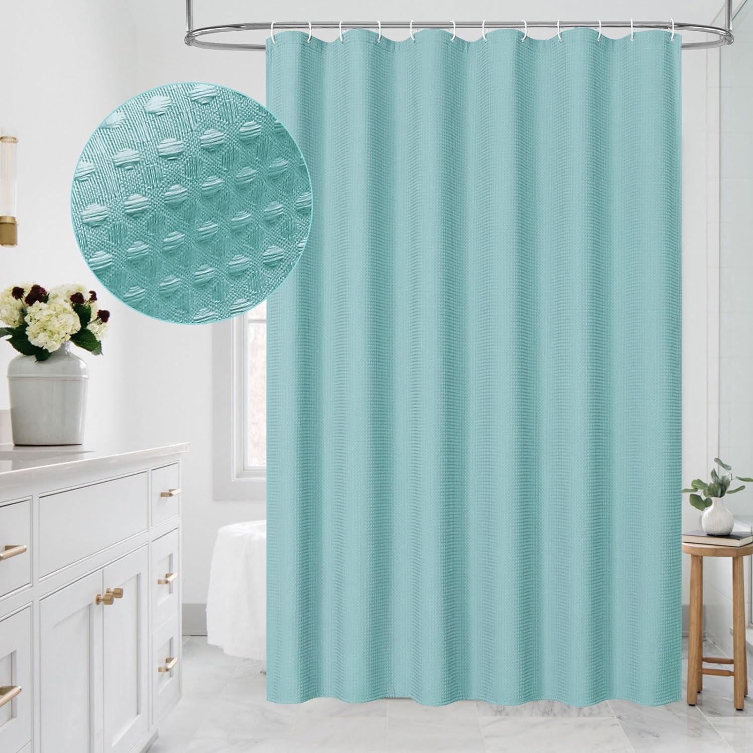 Teal Waffle Fabric Shower Curtain, Turquoise Waffle Weave Textured ...