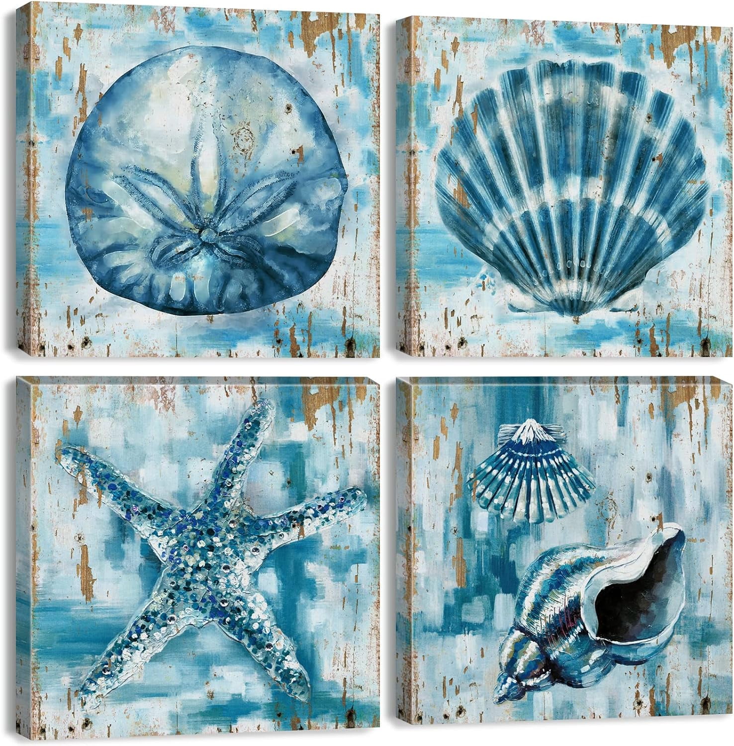 Teal Wall Art Seashell Starfish Wall Decor Bathroom Pictures Vintage ...