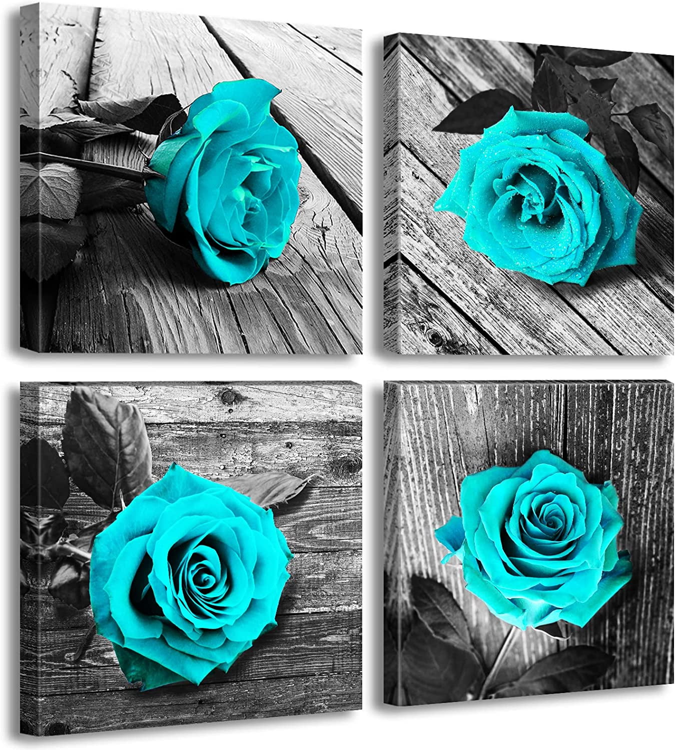 Teal Wall Decor Rose Flower Canvas Prints Black and White Wall Art for ...