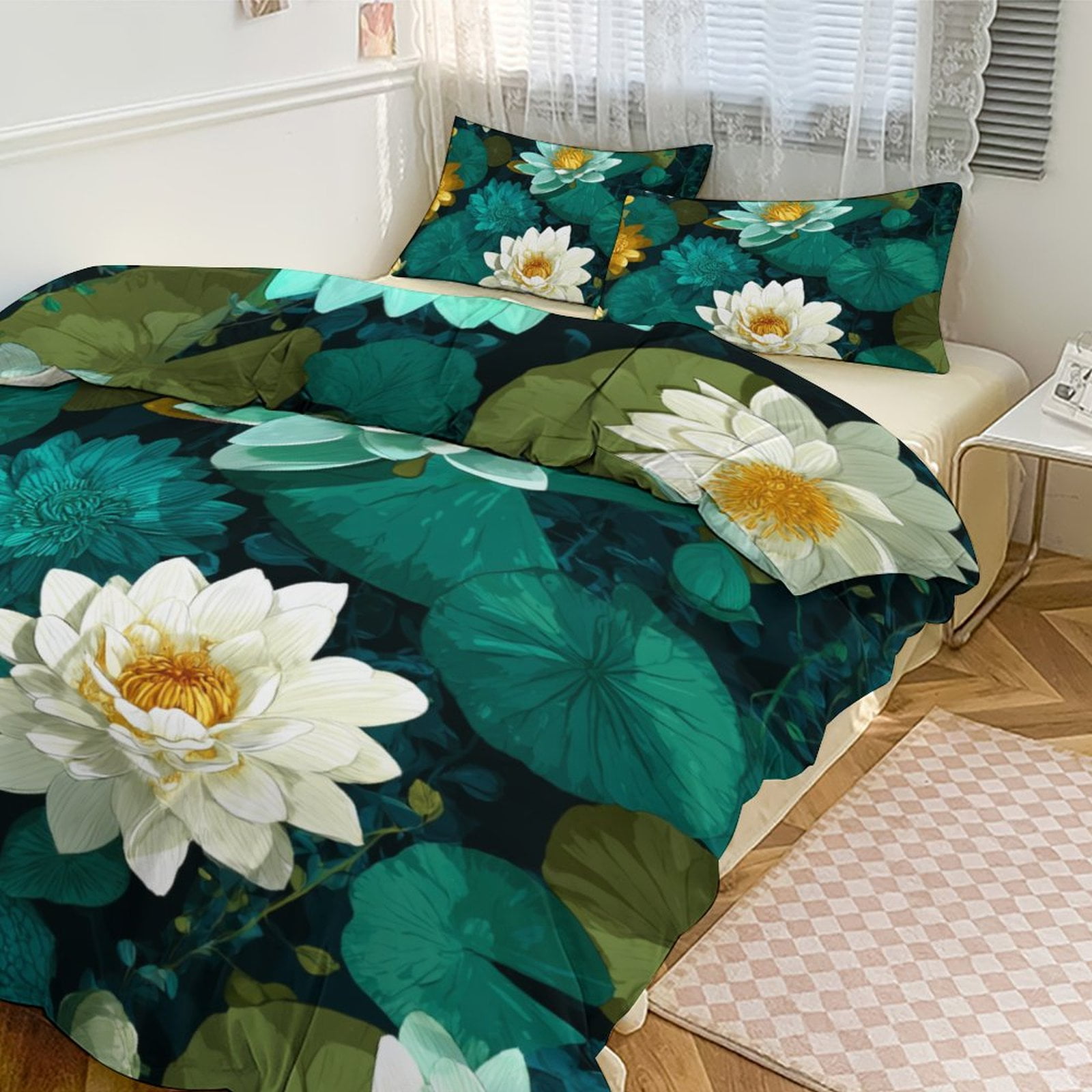 Teal Water Lilies Lush Green Leaves Bedding Set with Zipper Closure for ...
