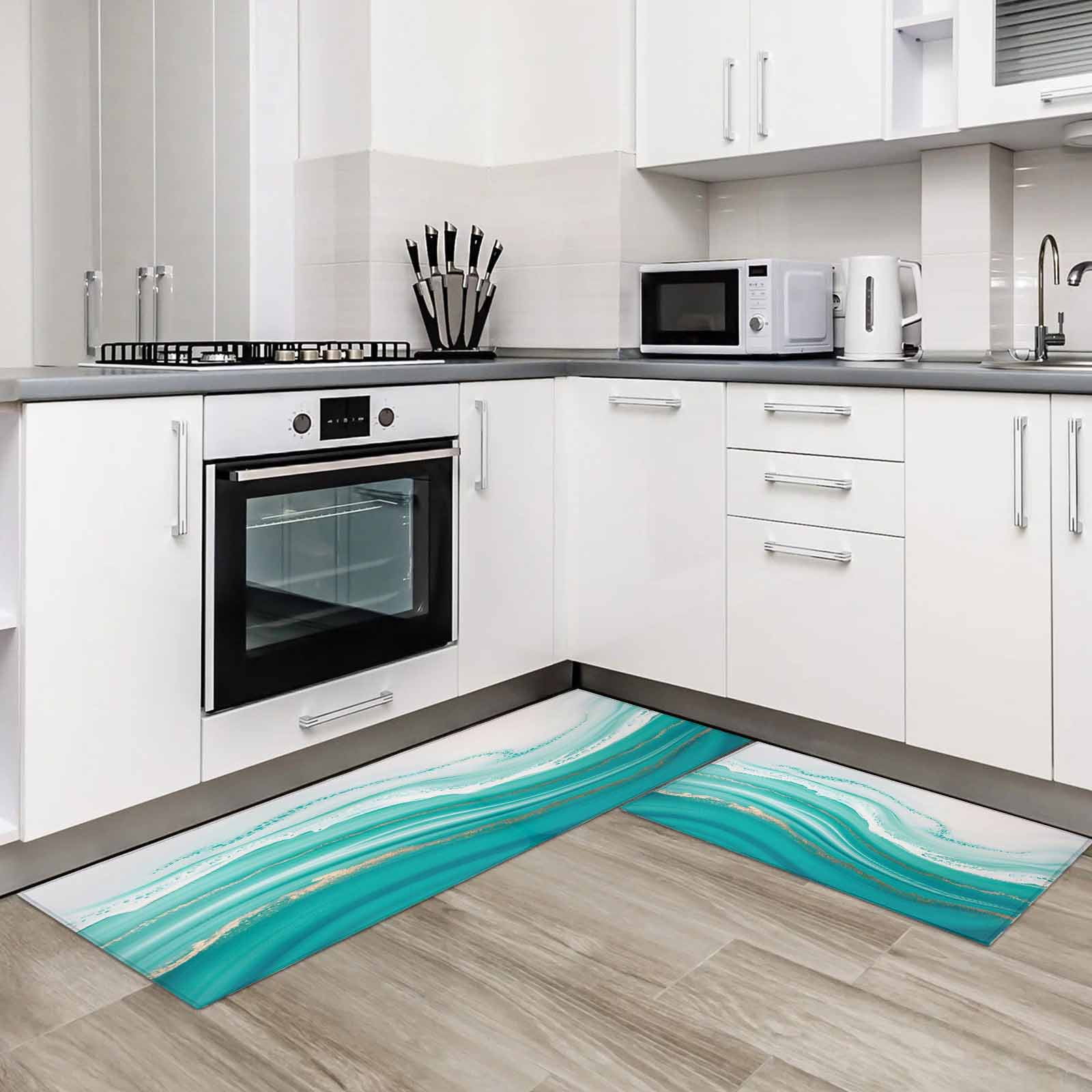 Teal Waves Abstract 2 Pieces Non-Slip Kitchen Mat Set Gradient Fluid ...