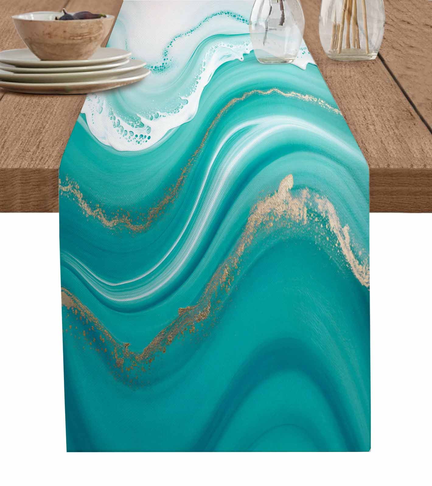 Teal Waves Abstract Table Runner 70 Inches, Gradient Fluid Water Ripple ...