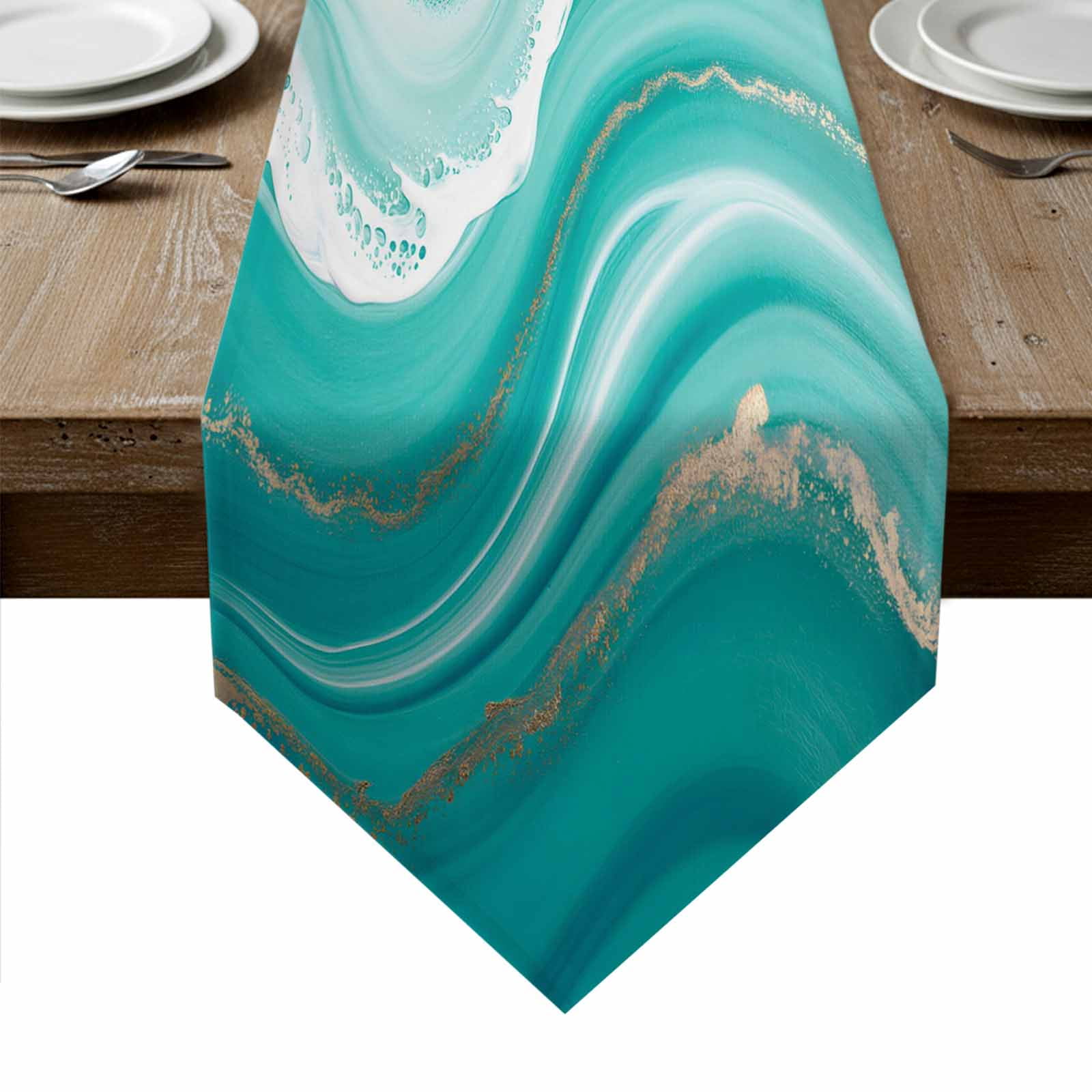 Teal Waves Abstract Table Runner Linen Burlap Table Runner 108 Inches ...