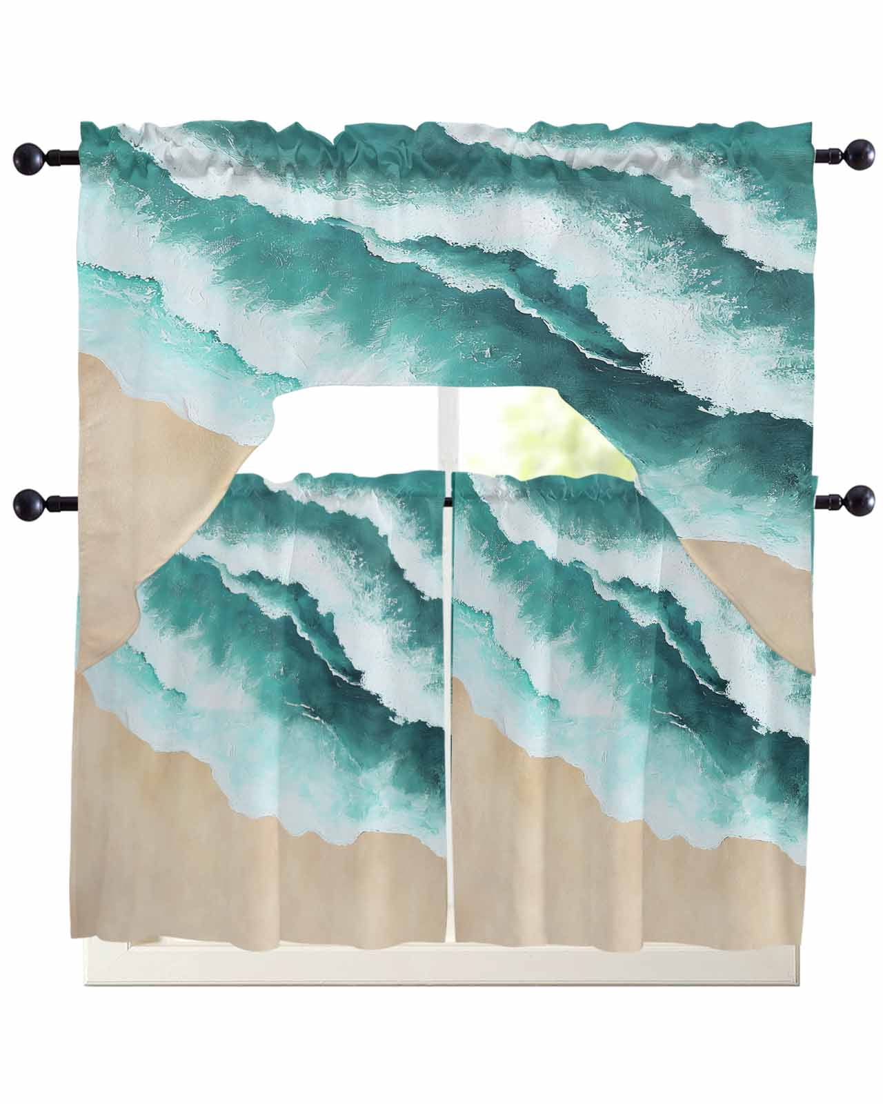 Teal Waves Coastal Kitchen Curtains Sets 36 Inch Length with Valance ...