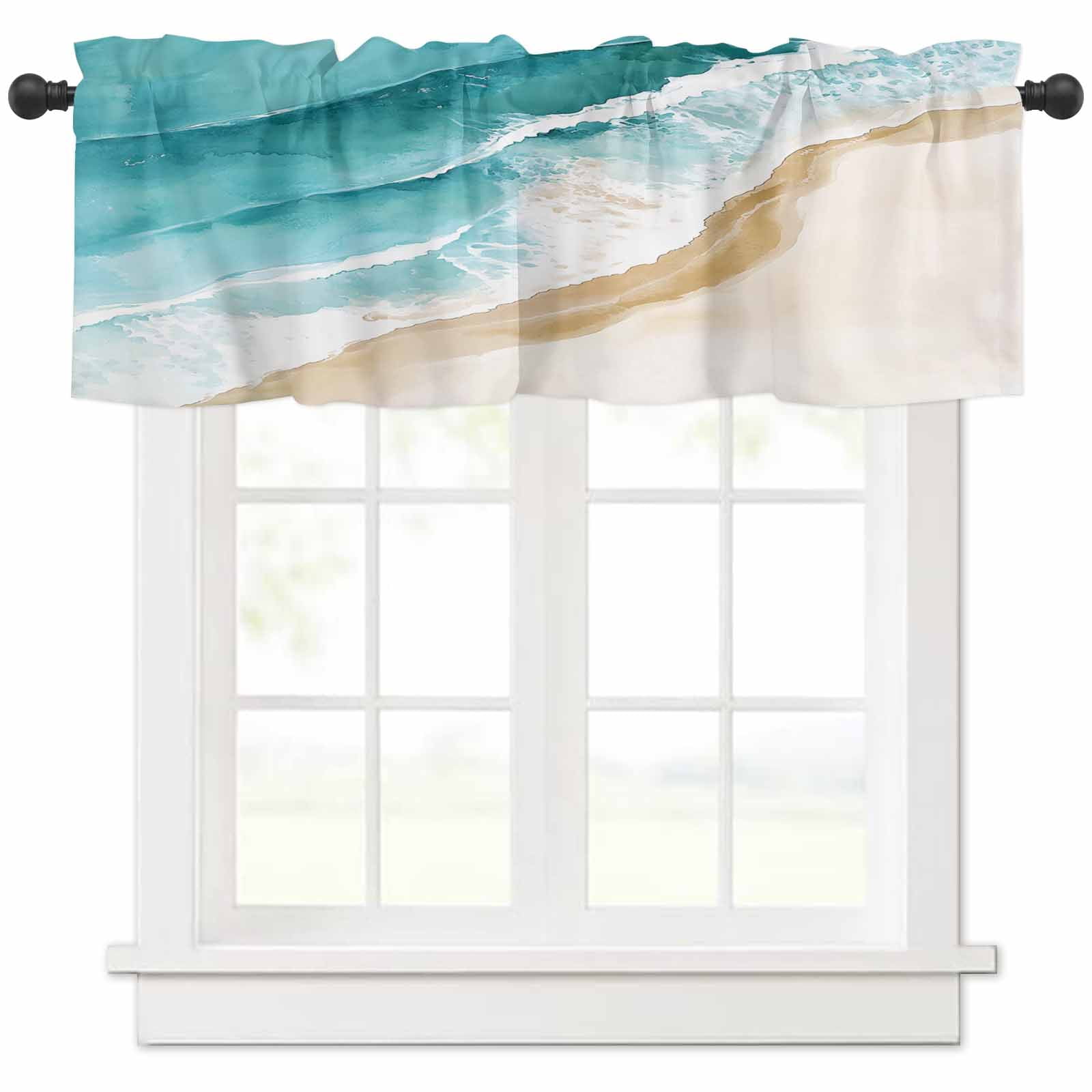 Teal Waves Coastal Valances for Windows Farmhouse Kitchen Curtains ...