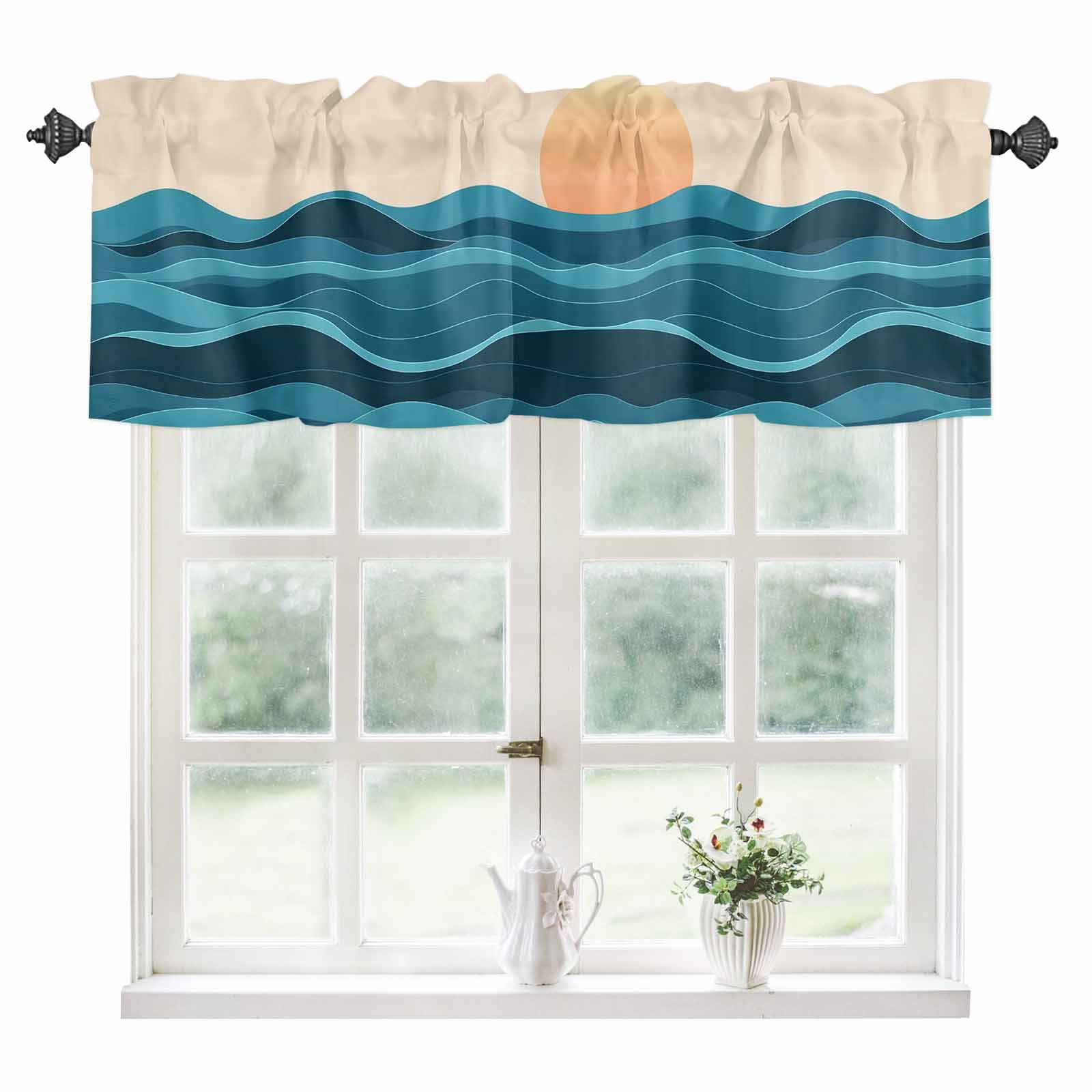 Teal Waves Kitchen Valances for Windows 60x18 Inch Kitchen Curtains ...