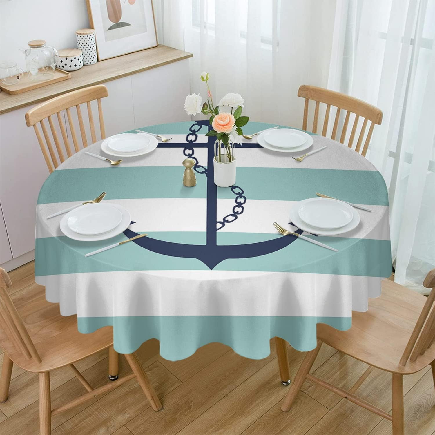 Teal White Striped Round Tablecloth 60 Inch - Waterproof Fabric Table ...